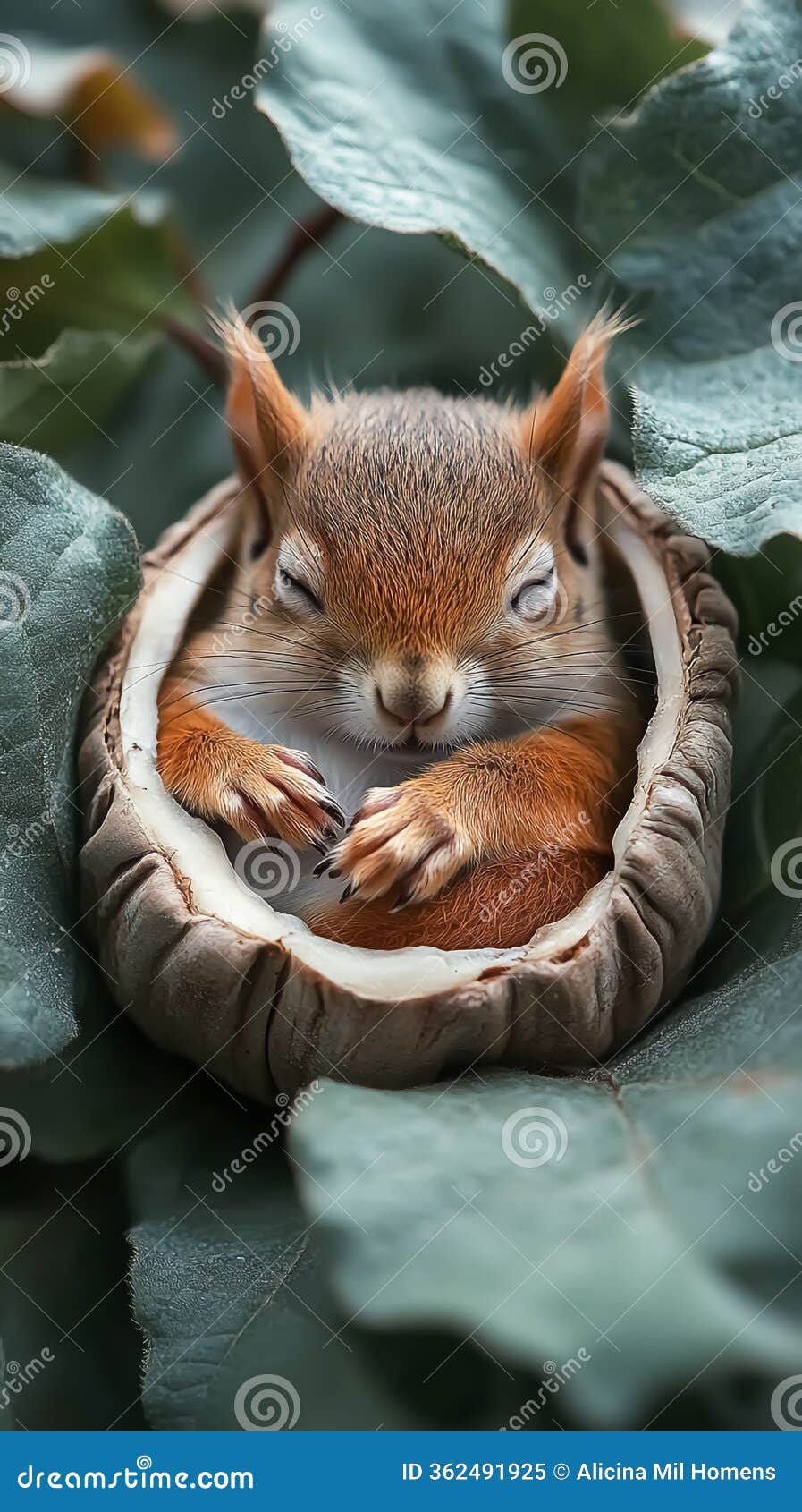 Cute Baby Squirrel Sleeping in a Nutshell Stock Illustration ...