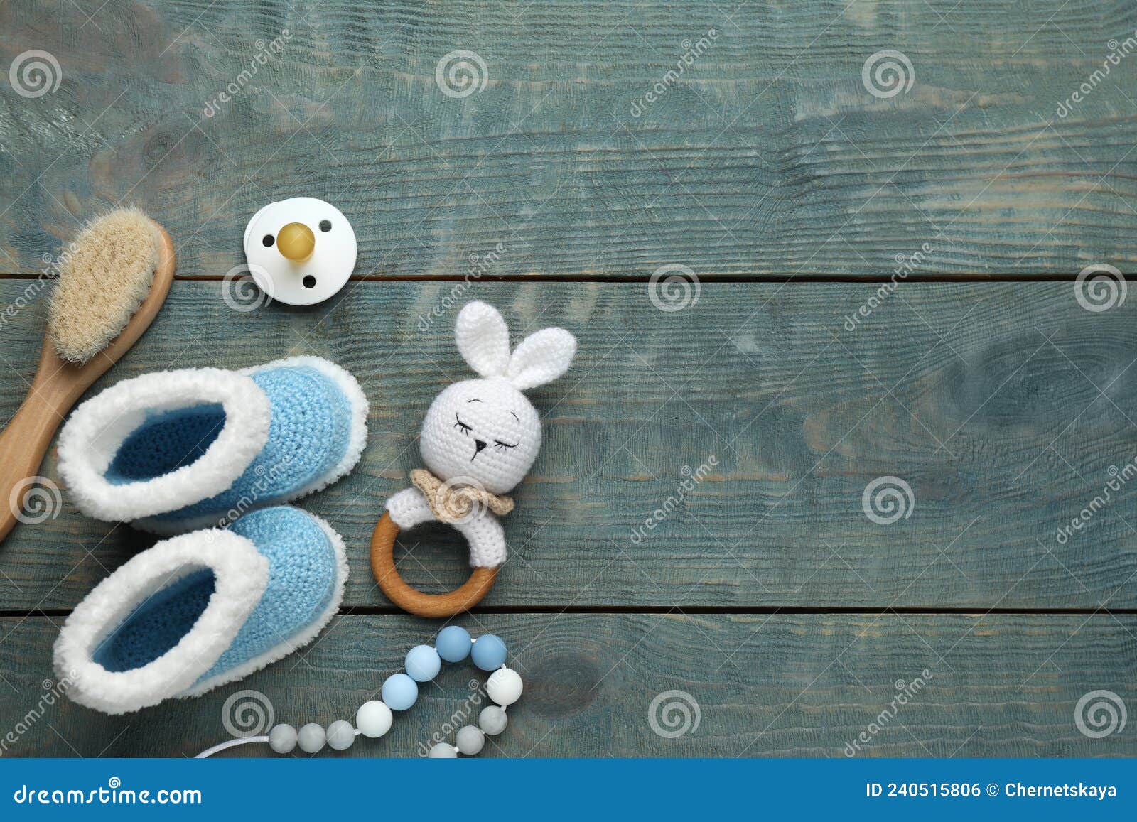 Cute Baby Stuff on Light Blue Wooden Background, Flat Lay. Space for ...