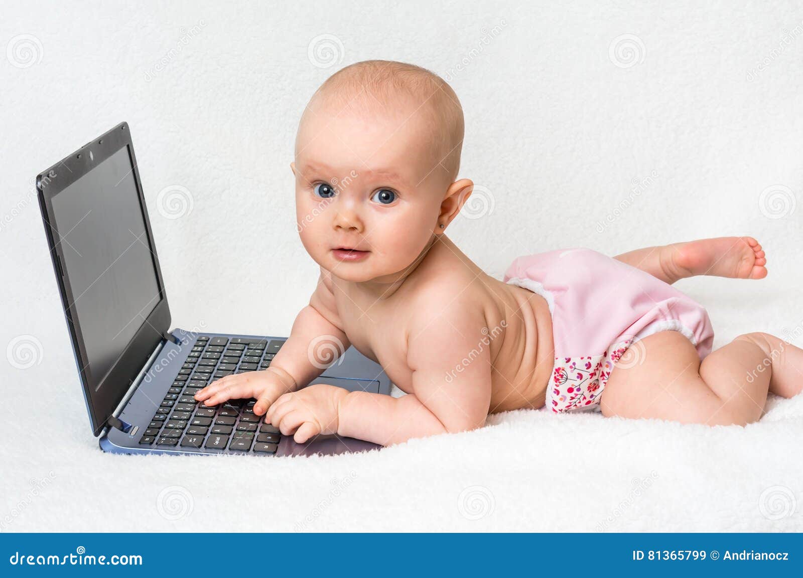 Cute Baby Typing on a Laptop Computer Isolated on White Stock Image ...