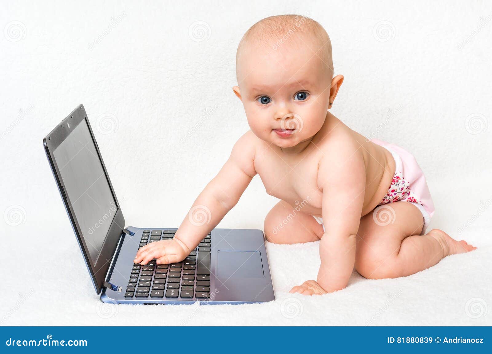 Cute Baby Typing on a Laptop Computer Isolated on White Stock Image ...