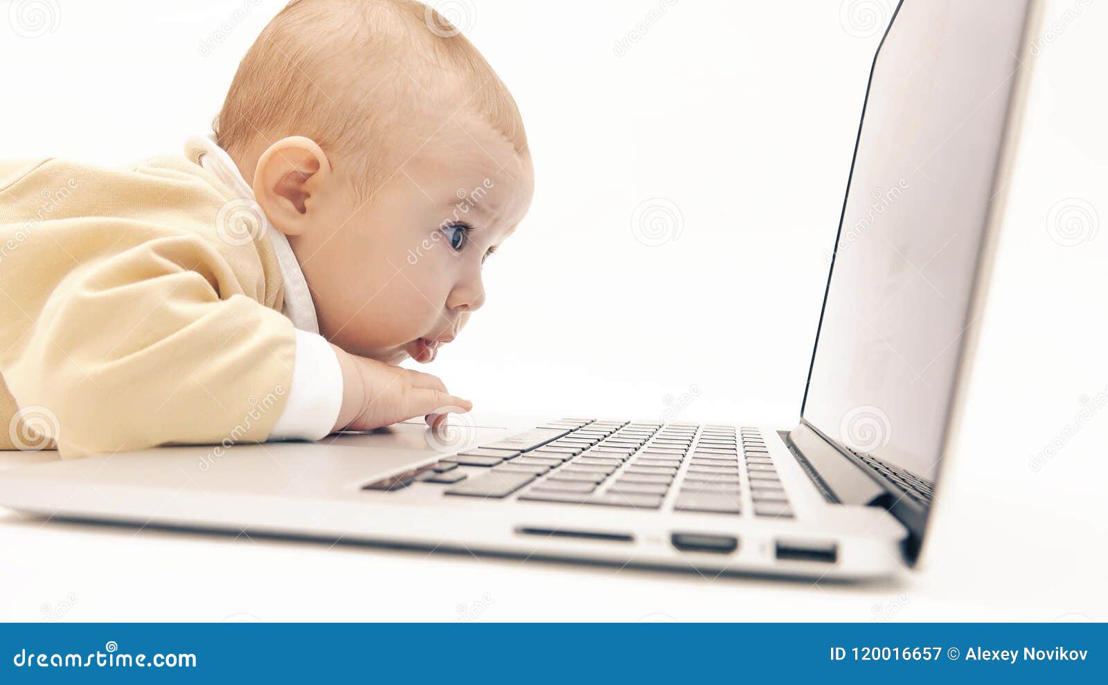 Cute Baby Working on a Laptop Stock Image - Image of romper, minor ...