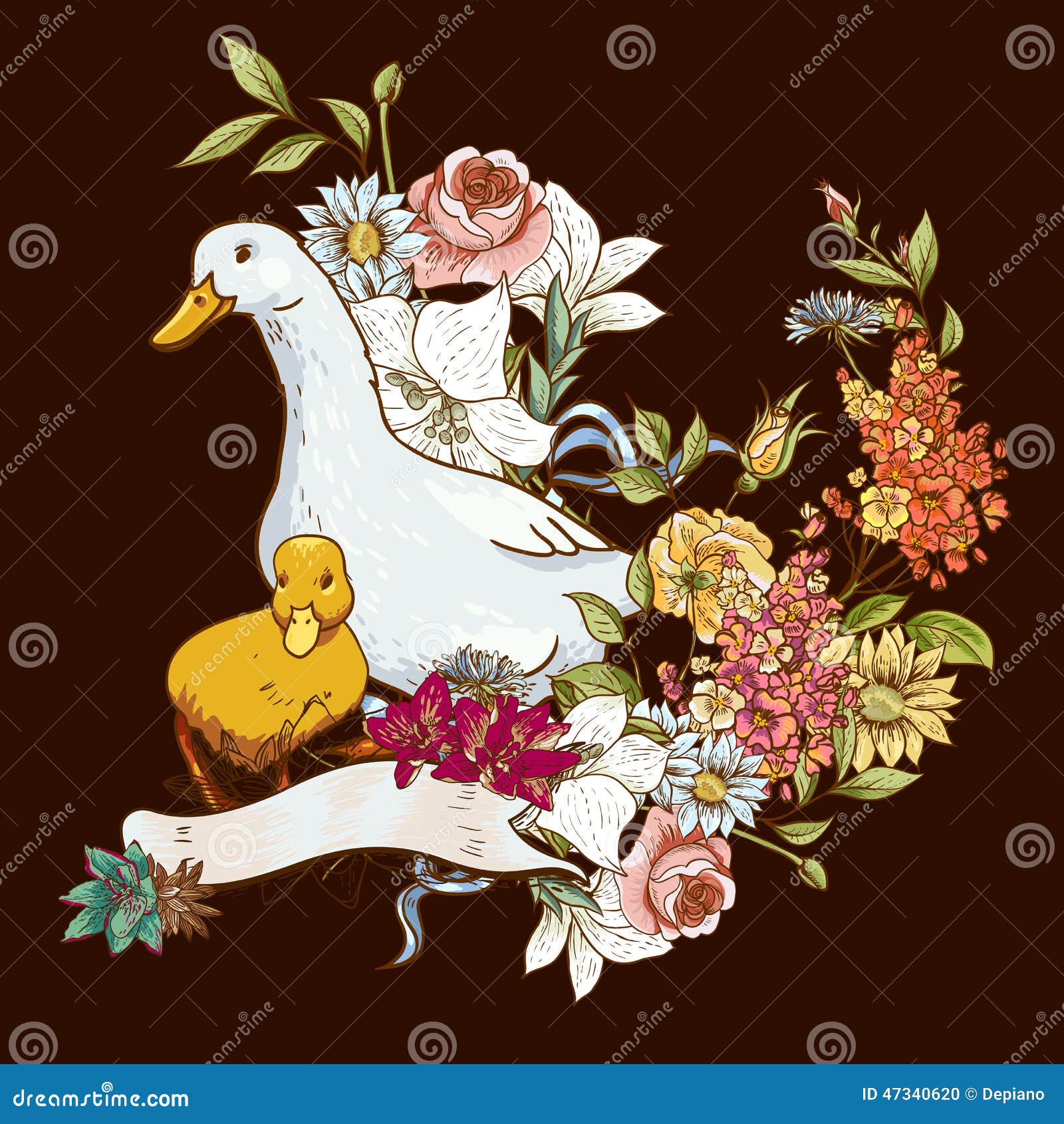 Cute Background with Ducks and Flowers Stock Vector - Illustration of ...