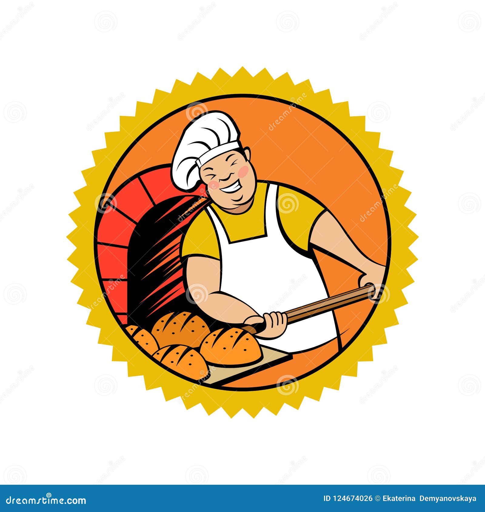 Cute Baker Takes Bread Out of the Oven. Vector Bakery Emblem. Stock ...