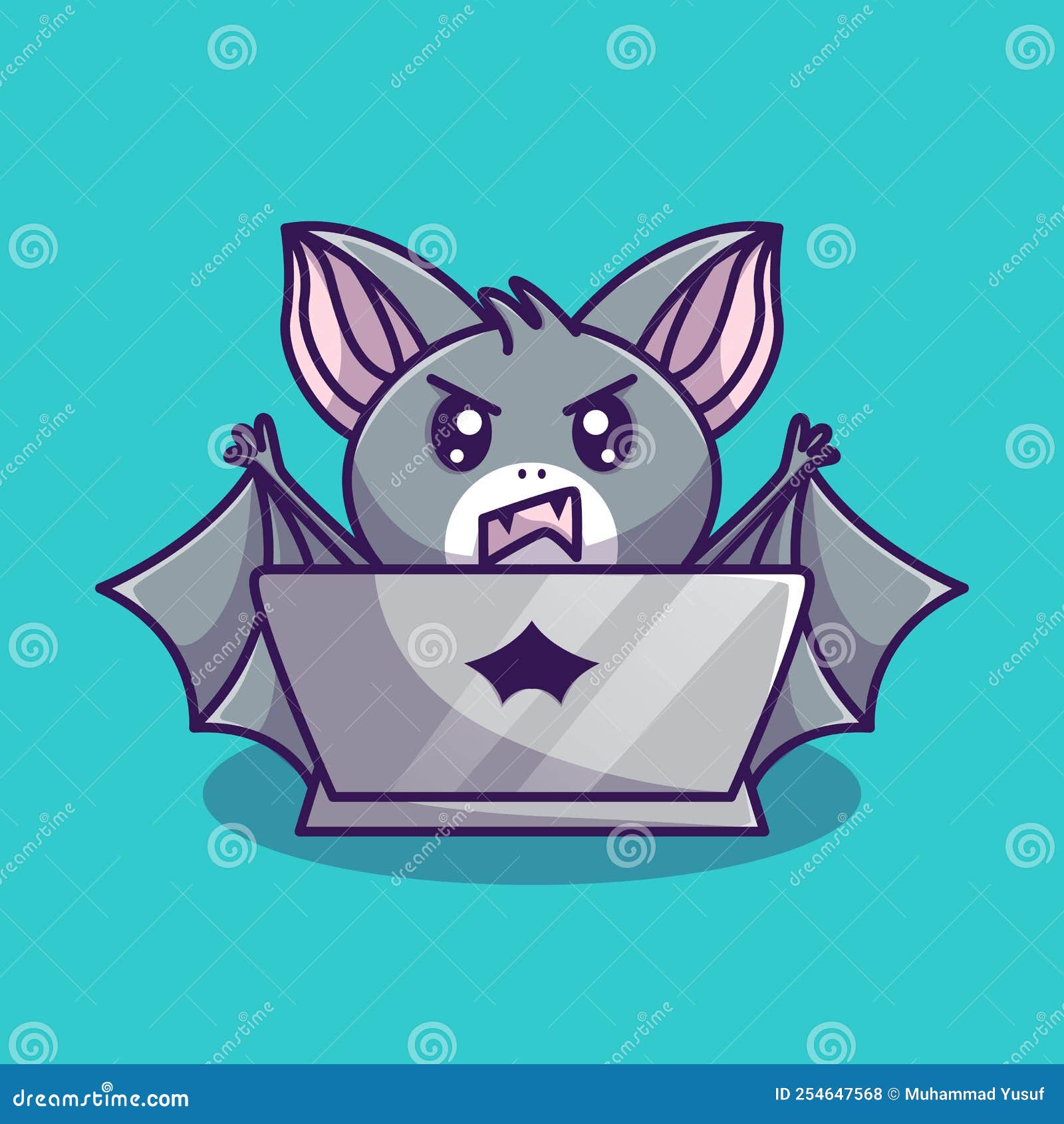 Cute Bat using laptop stock vector. Illustration of notebook - 254647568