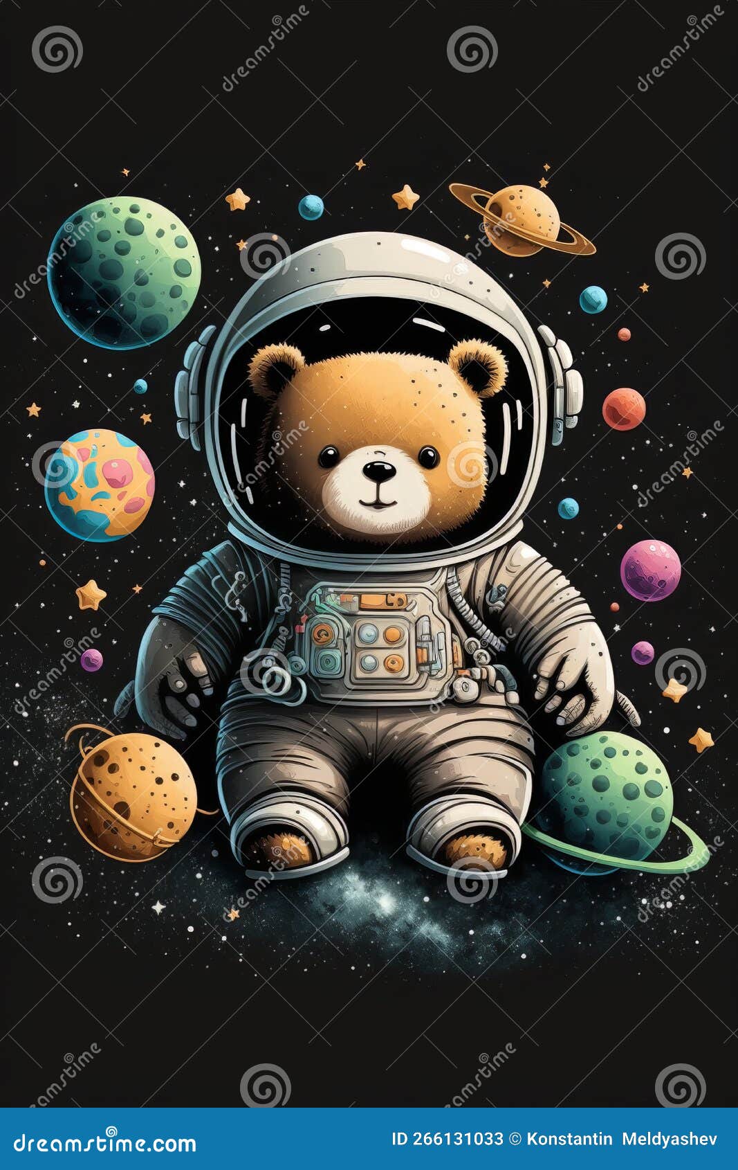 A Cute Bear Astronaut in Outer Space Surrounded by Planets, Moons and ...
