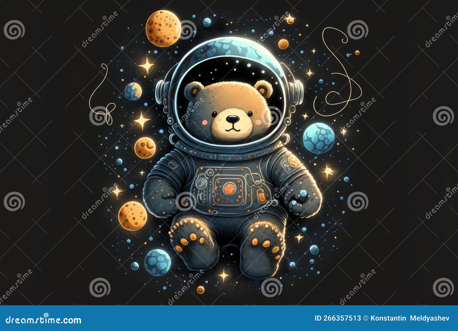 A Cute Bear Astronaut in Outer Space Surrounded by Planets, Moons and Stars on a Black Stock ...