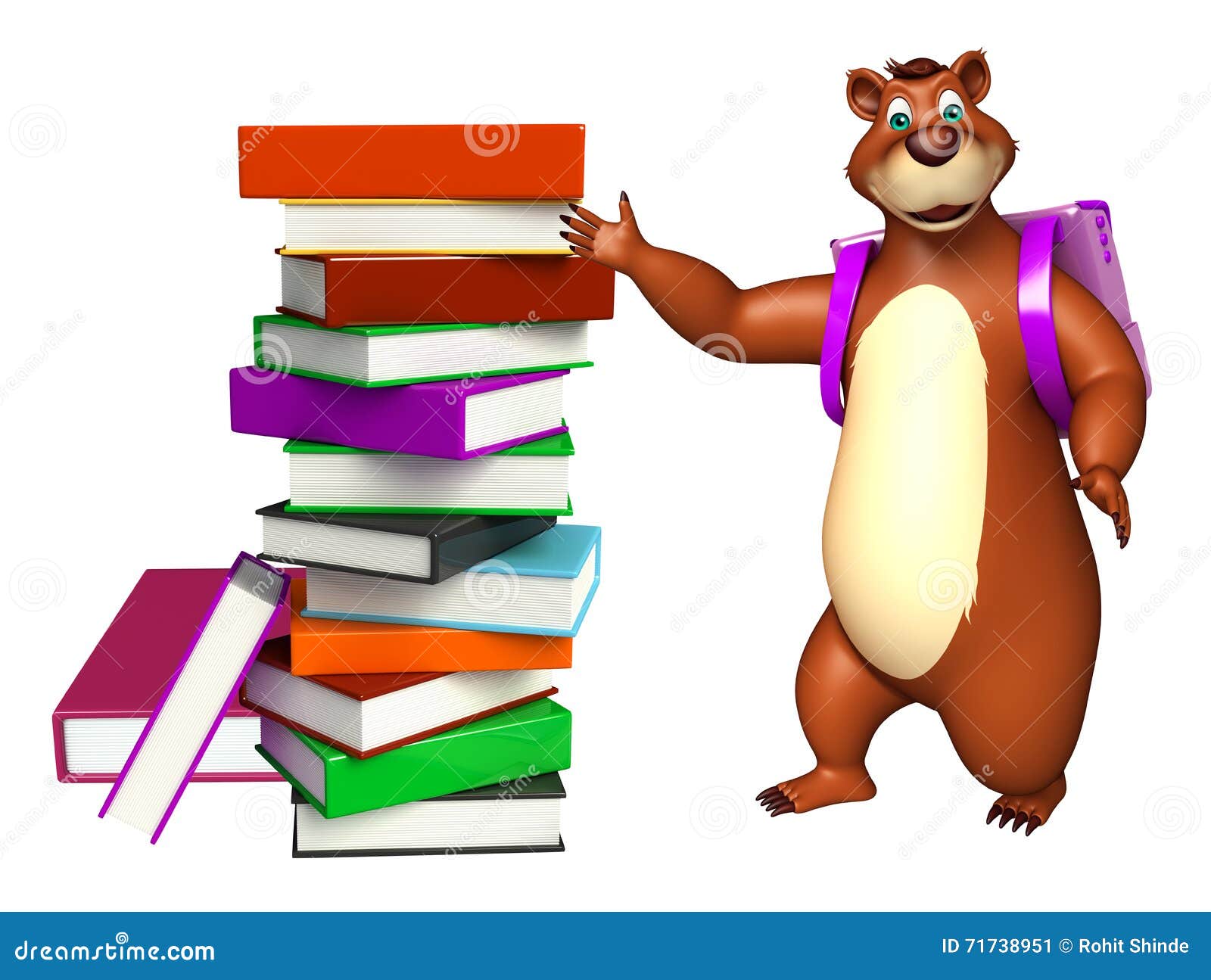 Cute Bear Cartoon Character with Book Stack and School Bag Stock ...