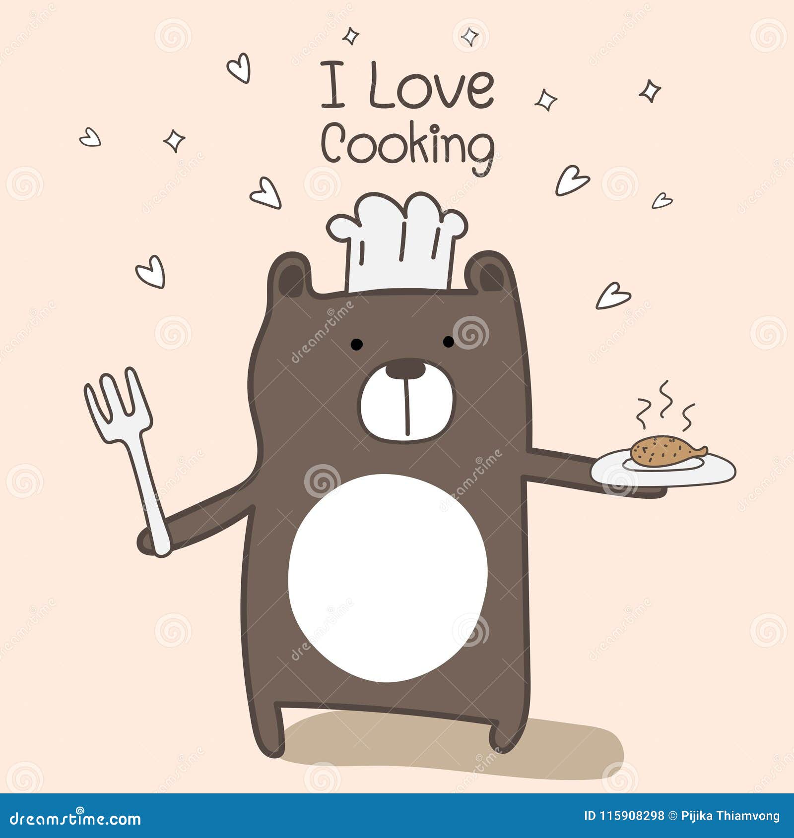 Bear Chef Is Cooking. Brown Bear Wearing An Blue Apron Say `i Love ...