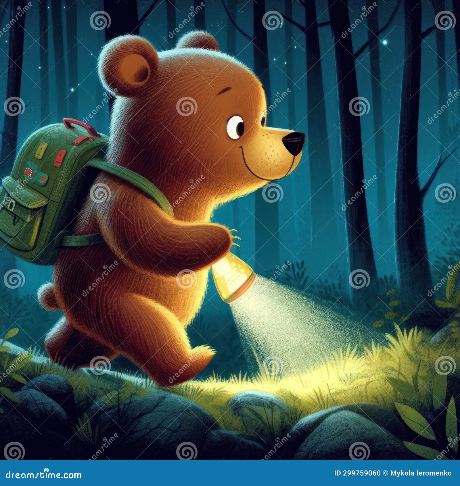 A Cute Bear Cub Walks through the Forest with a Flashlight. Stock Photo ...