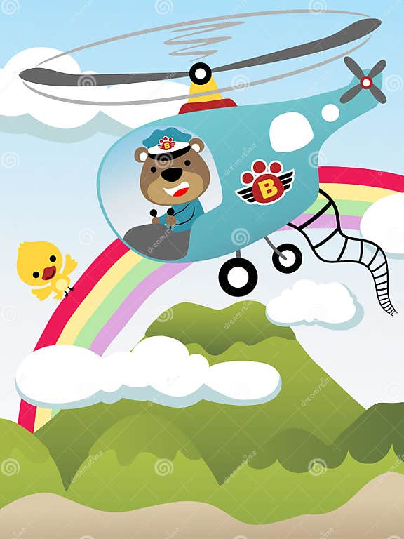 Cute Bear Driving Helicopter on Sky Objects Background, Bird Perch on ...