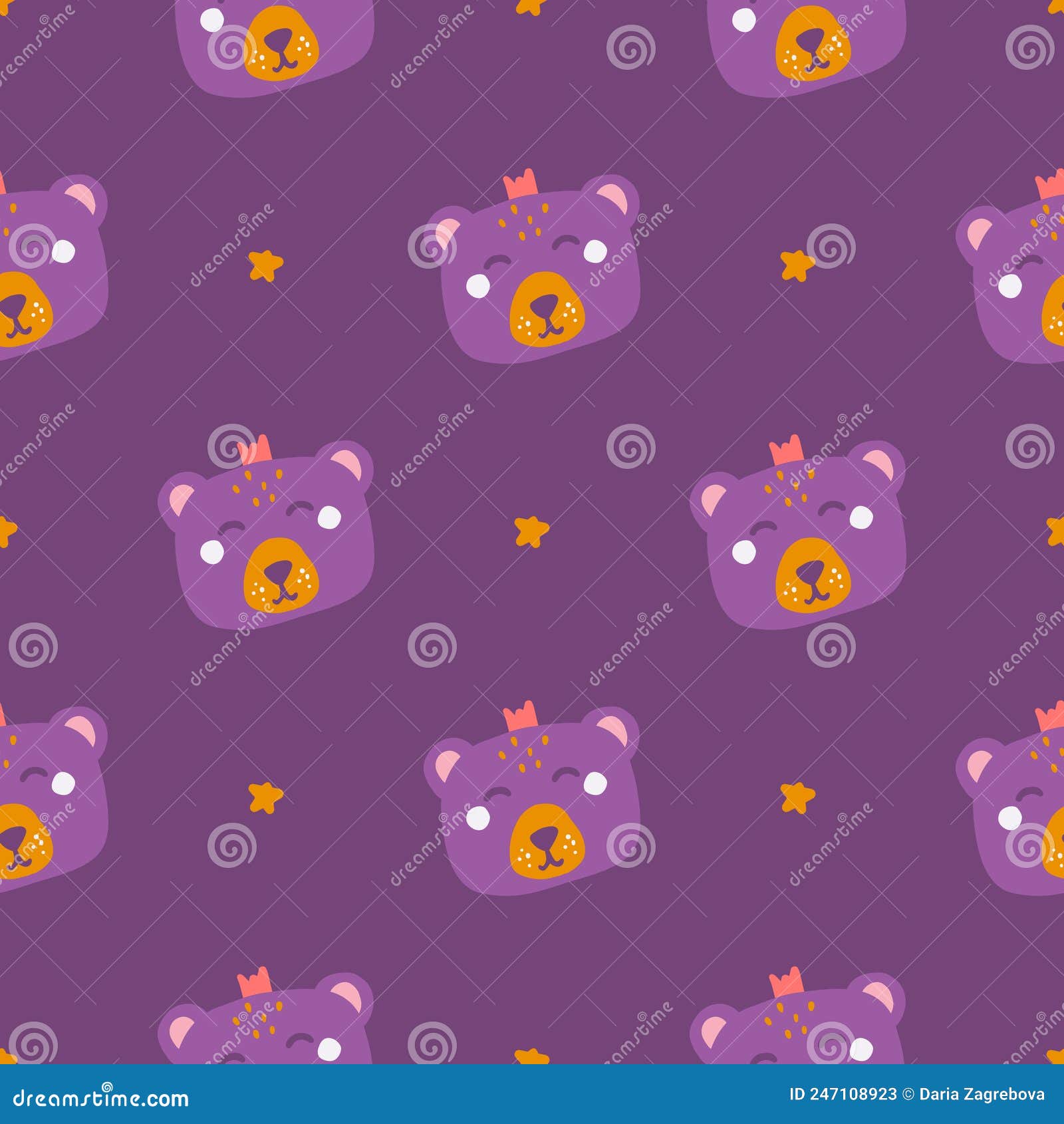 Cute Bear Face with Stars on a Purple Background, Vector Seamless ...