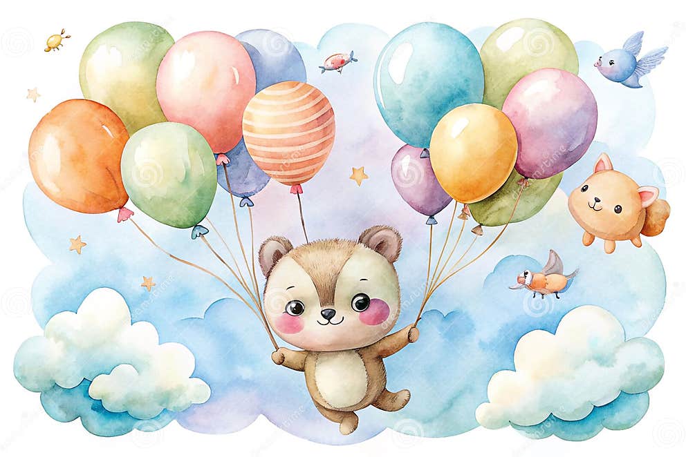 Cute Bear Flying with Balloons in Sky Stock Illustration - Illustration ...