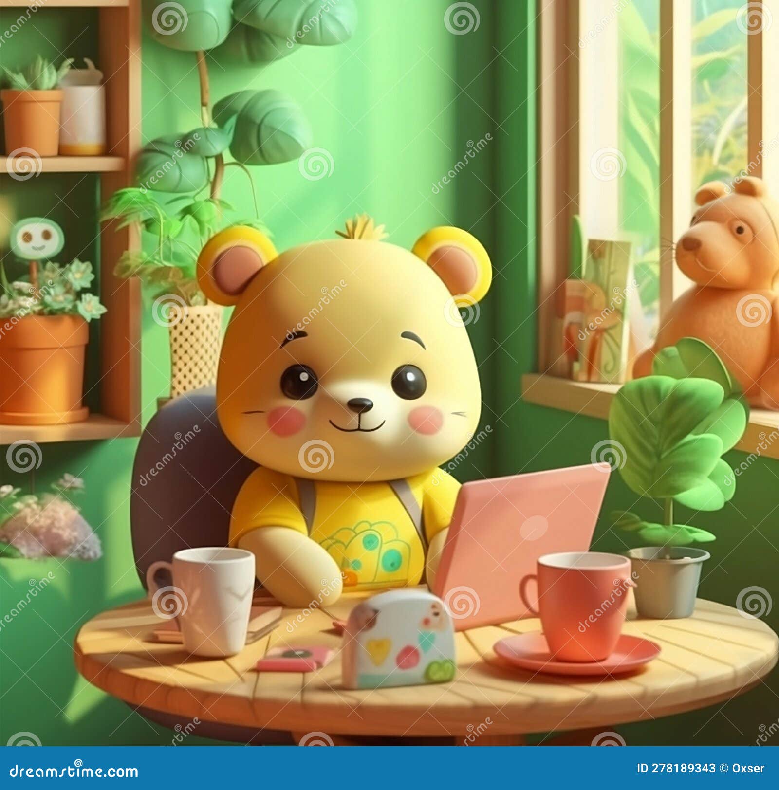 Cute Bear Using Computer in the Bedroom Stock Illustration ...