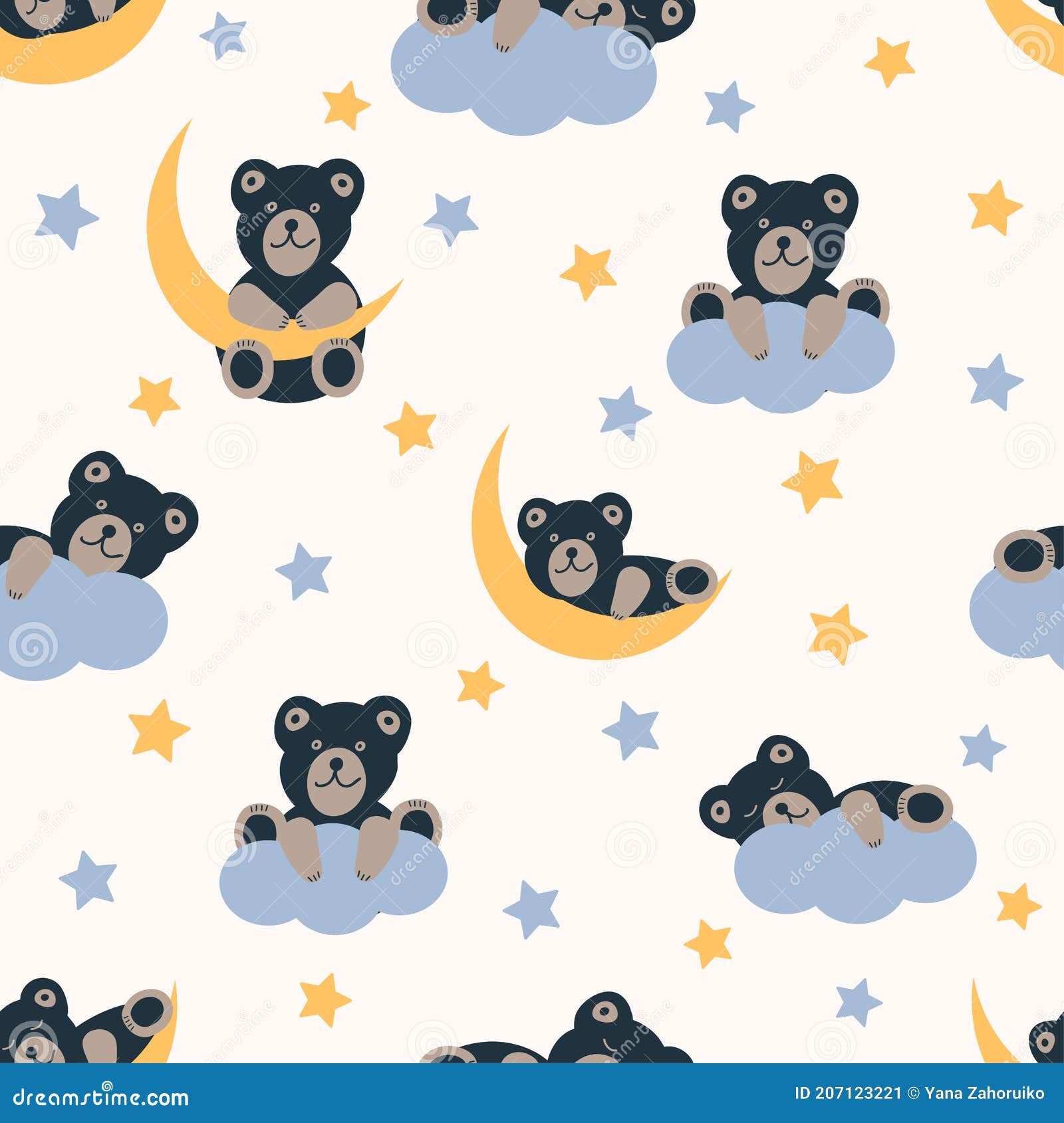 Cute Bears, Moon, Stars and Clouds. Seamless Pattern Stock Vector ...