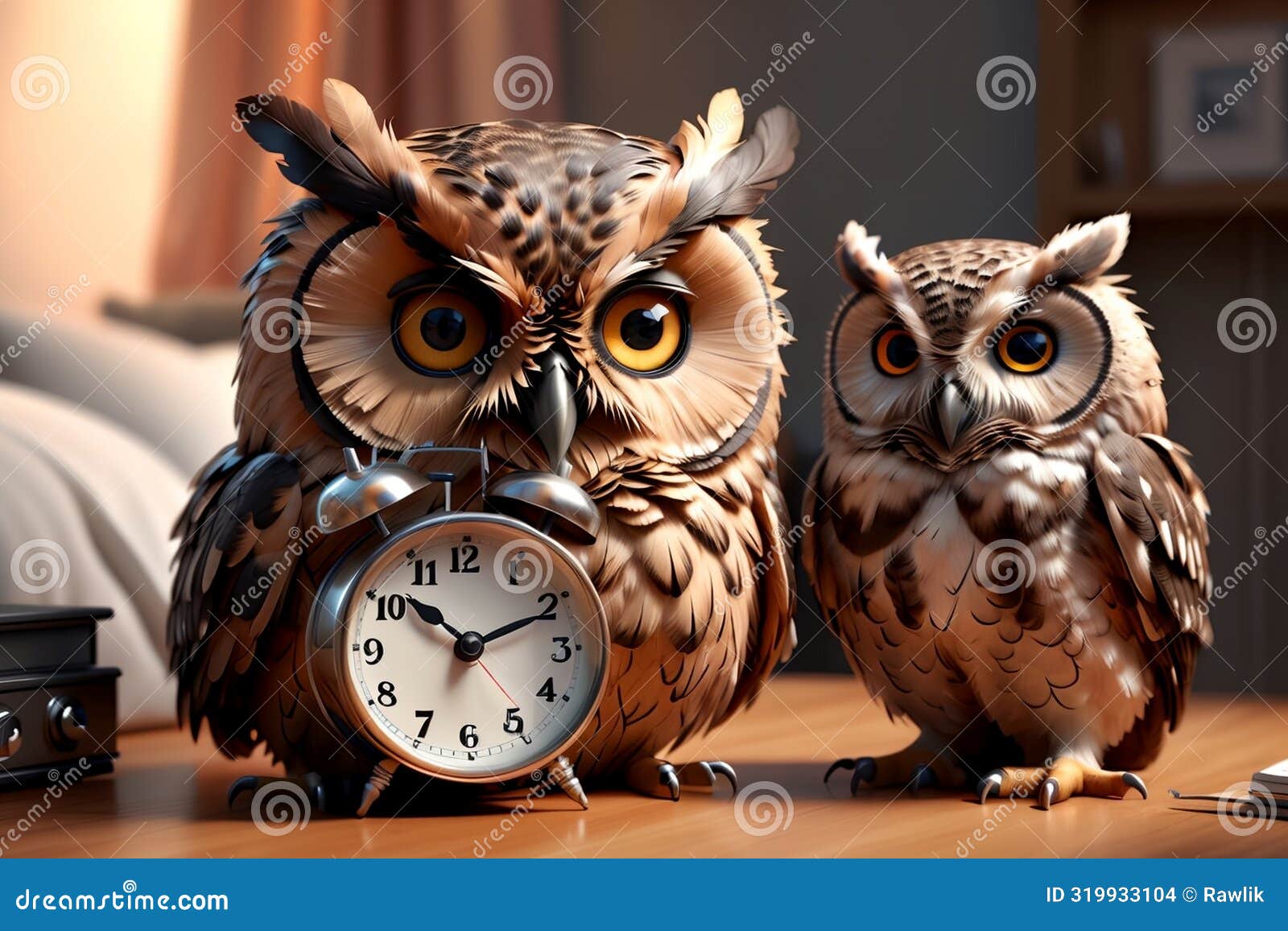 Cute Beautiful Owl Sitting with an Alarm Clock on the Table in the Room ...
