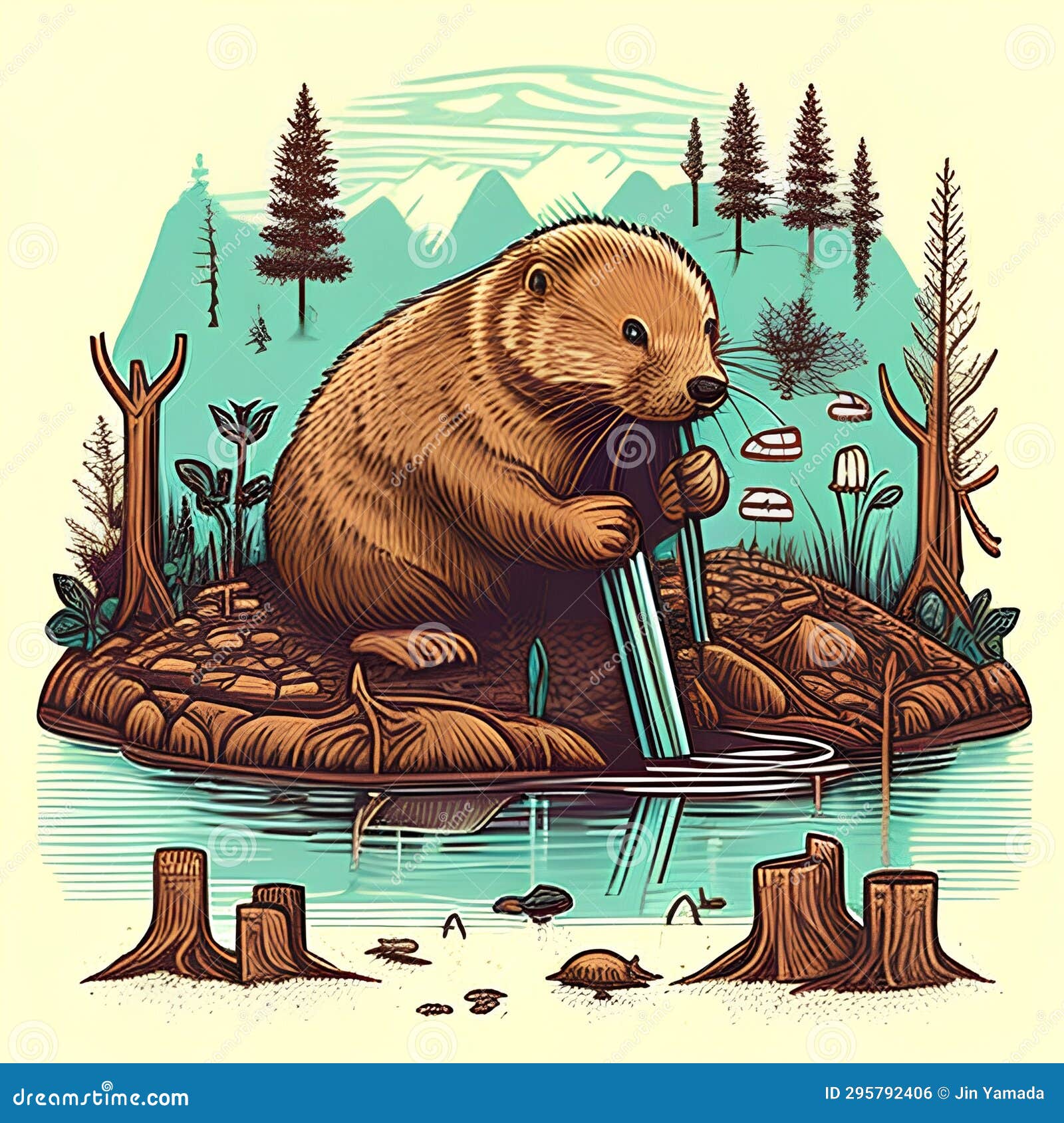 Cute Beaver Sitting on a Log in the Forest. Vector Illustration Stock ...
