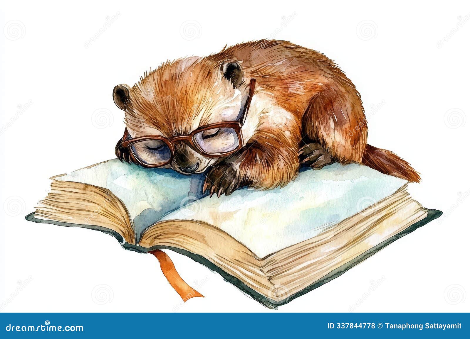 A Cute Beaver Wearing Glasses Sleeps Peacefully on an Open Book ...