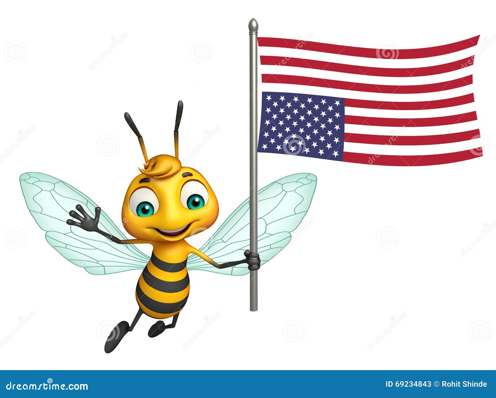 Cute Bee Cartoon Character With Flag Stock Illustration - Image: 69234843