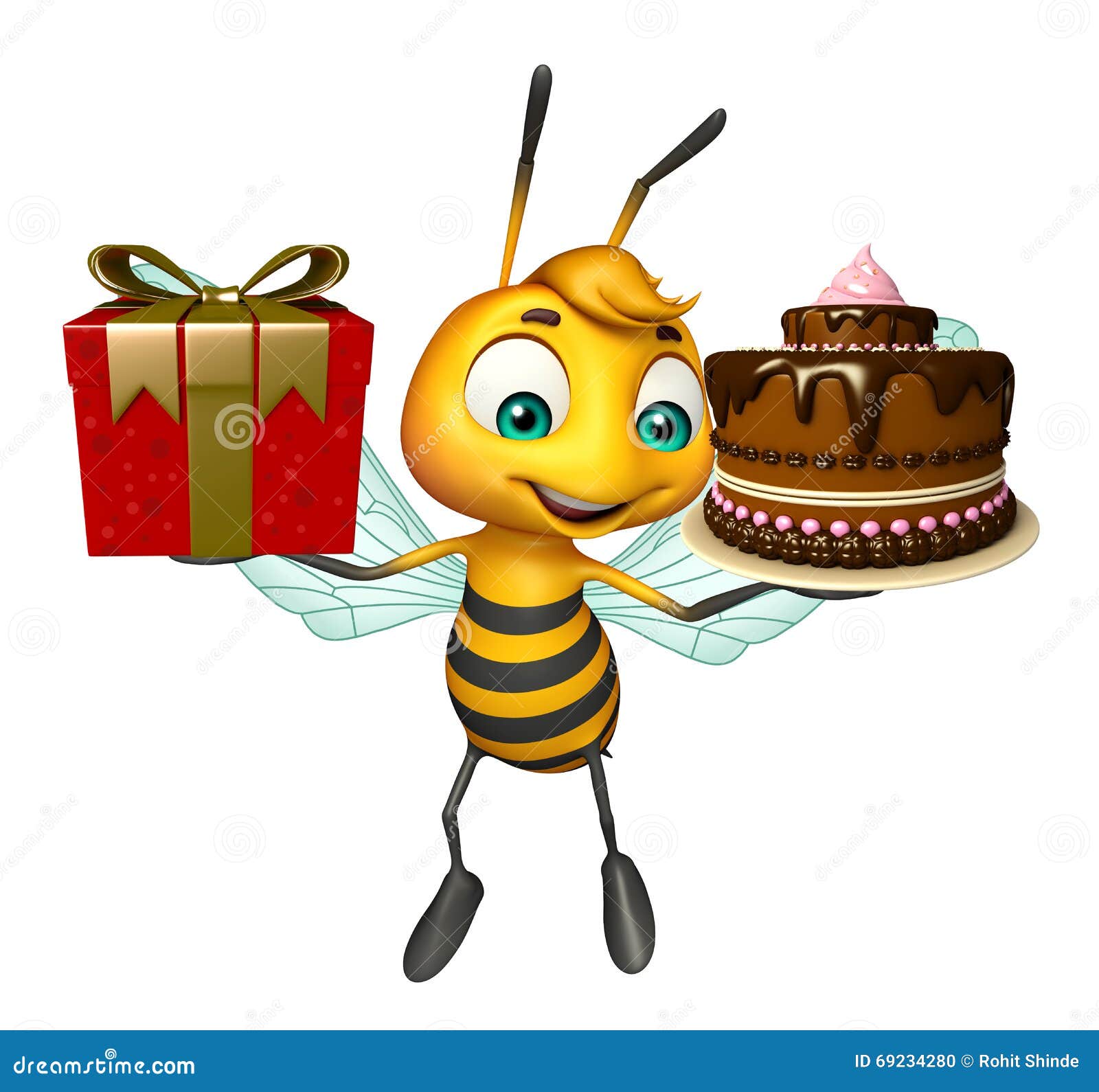 Cute Bee Cartoon Character with Gift and Cake Stock Illustration ...
