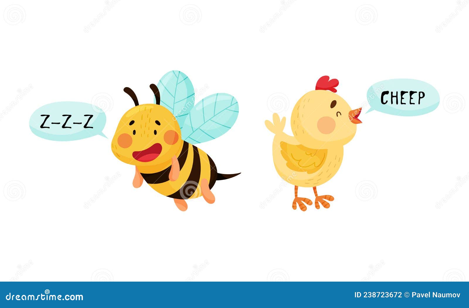 Cute Bee and Chicken Making Sounds Set Cartoon Vector Illustration ...
