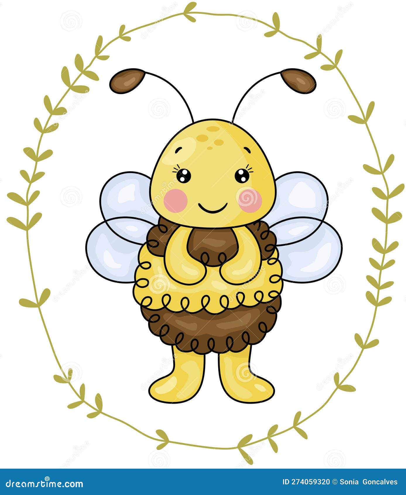 Cute Bee Inside an Oval Leaves Border Stock Vector - Illustration of ...