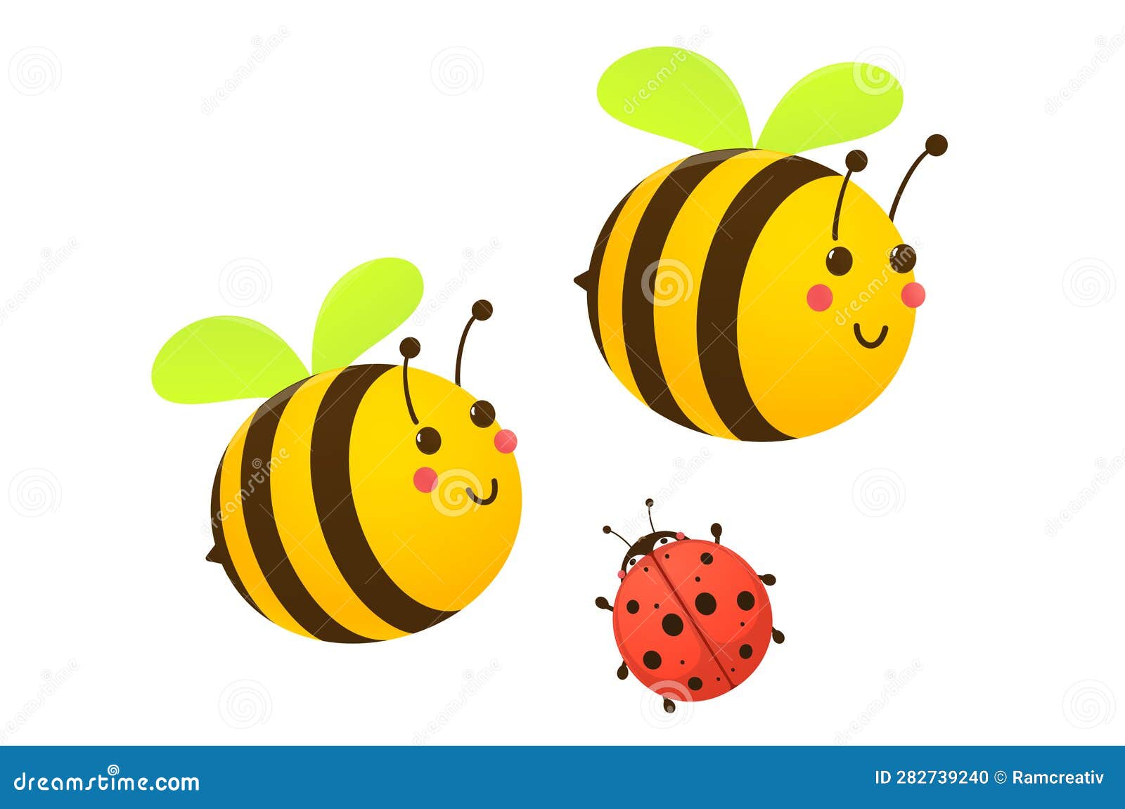 Cute Bee, Ladybug on White Background. Set of Summer Insects Stock ...