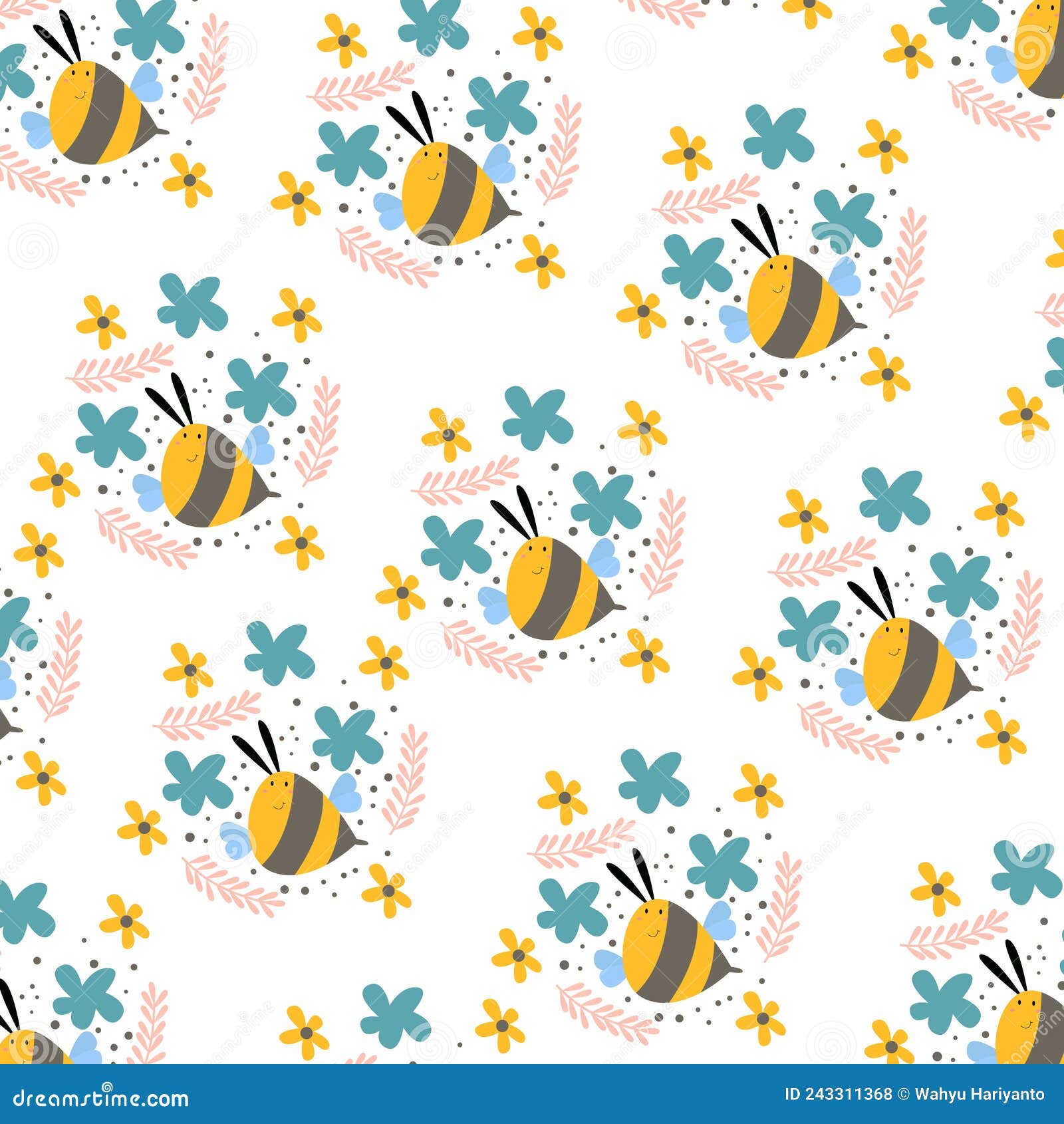 Cute Bee Pattern among Various Flowers Stock Vector - Illustration of ...