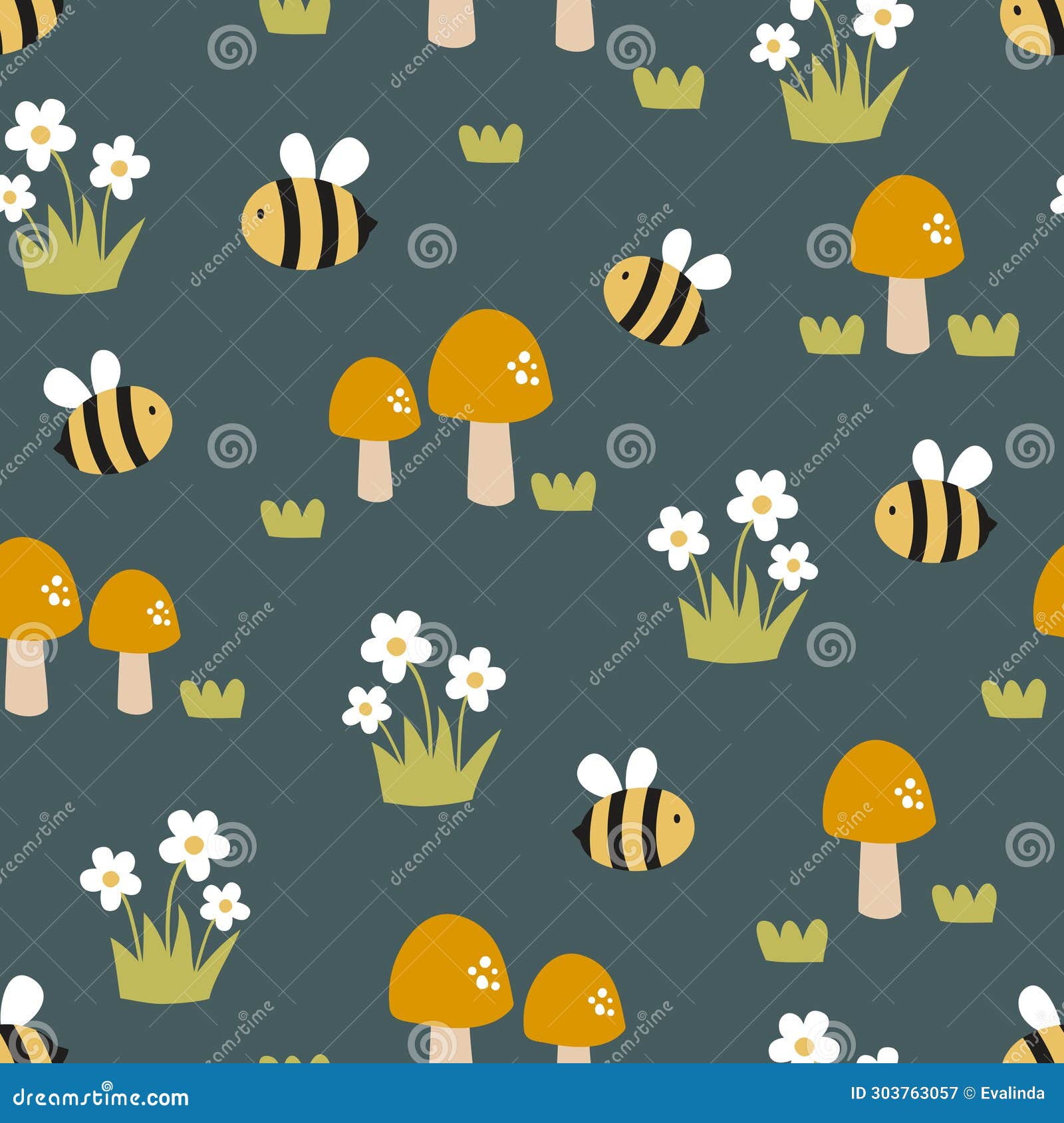Cute Bee Seamless Pattern. Background for Kids with Mushrooms, Bees and ...