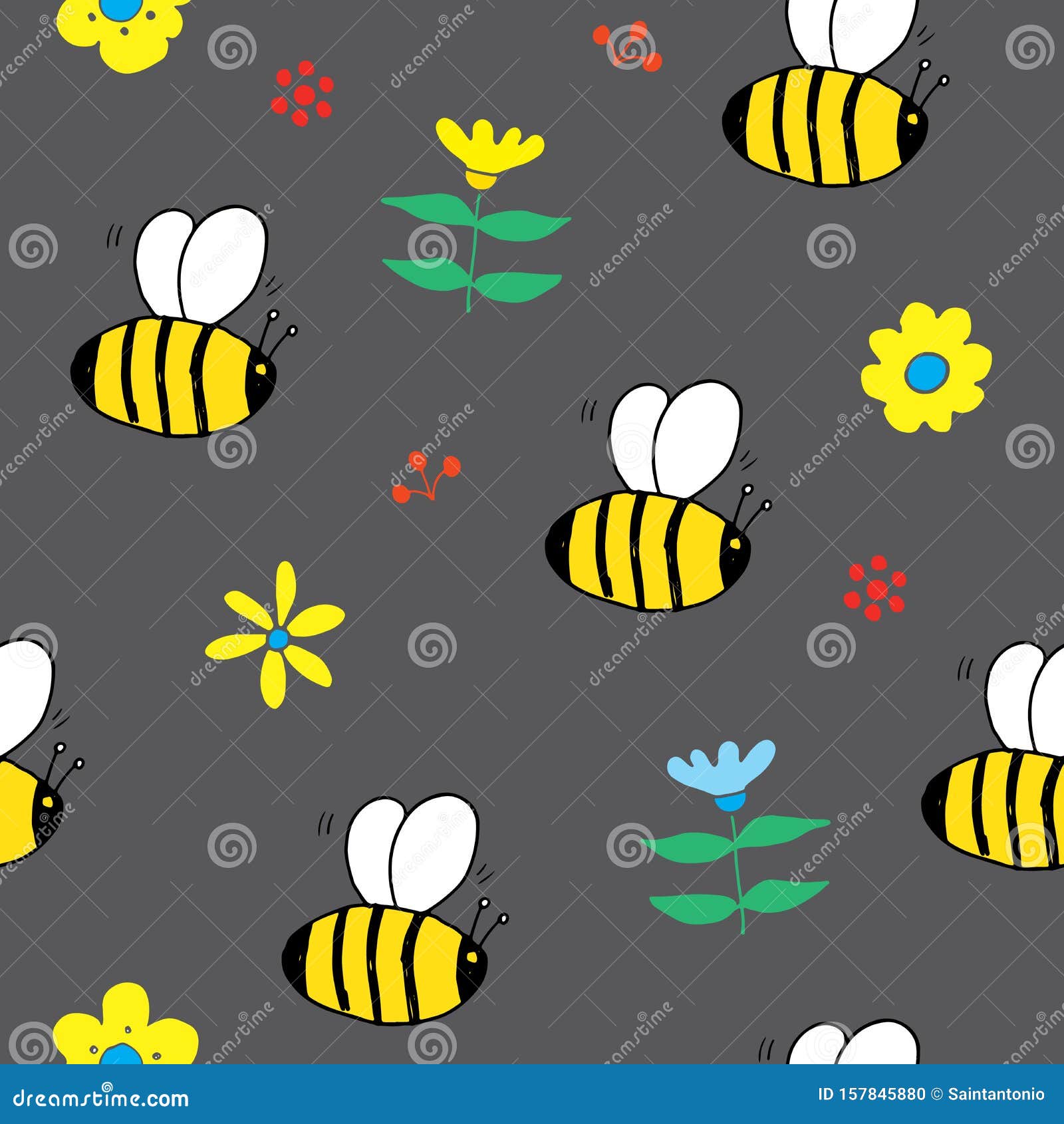 Cute Bee Seamless Pattern, Cartoon Hand Drawn Honeybee Doodles Vector ...