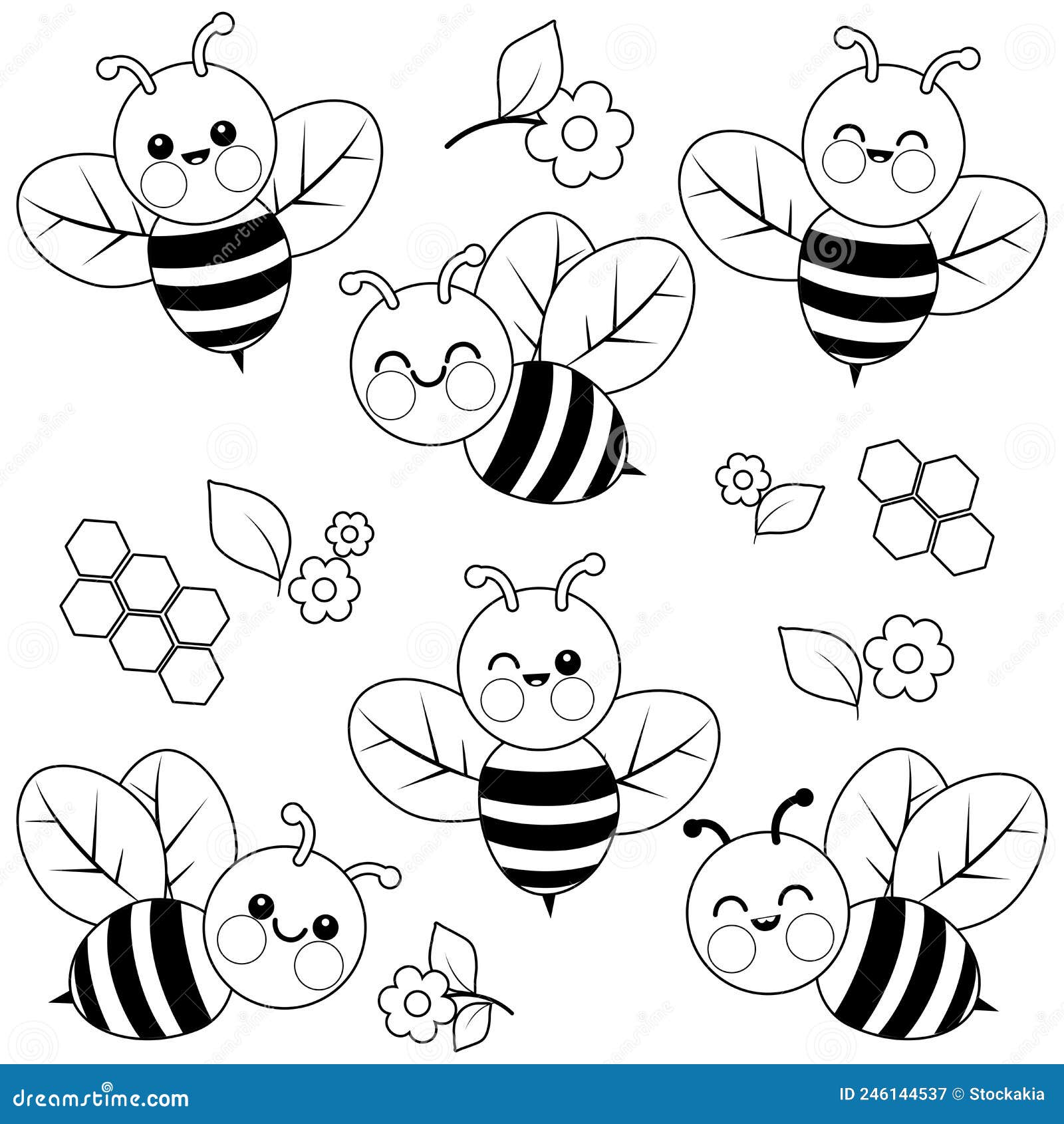 Cute Bees Collection. Vector Black And White Coloring Page ...