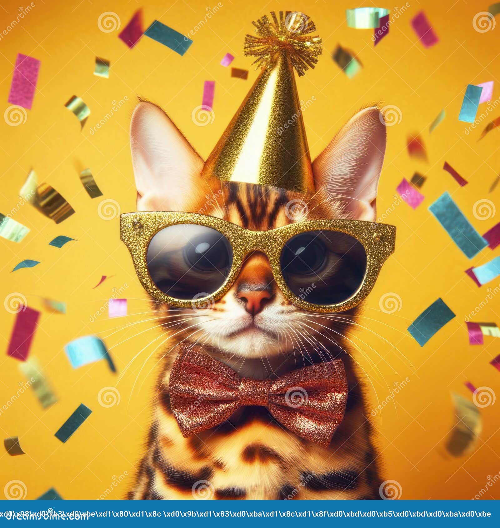 Cute Bengal Cat in Party Hat and Sunglasses with Falling Confetti ...