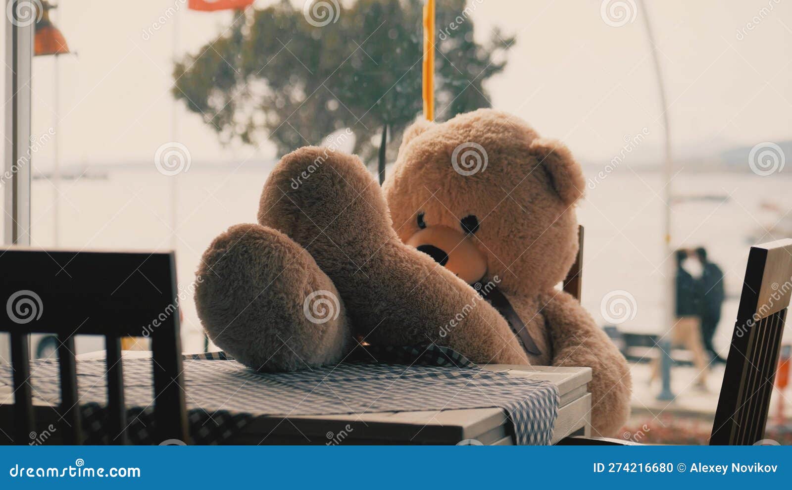 Cute Big Teddy Bear Sits at the Table in a Cafe Stock Photo - Image of ...
