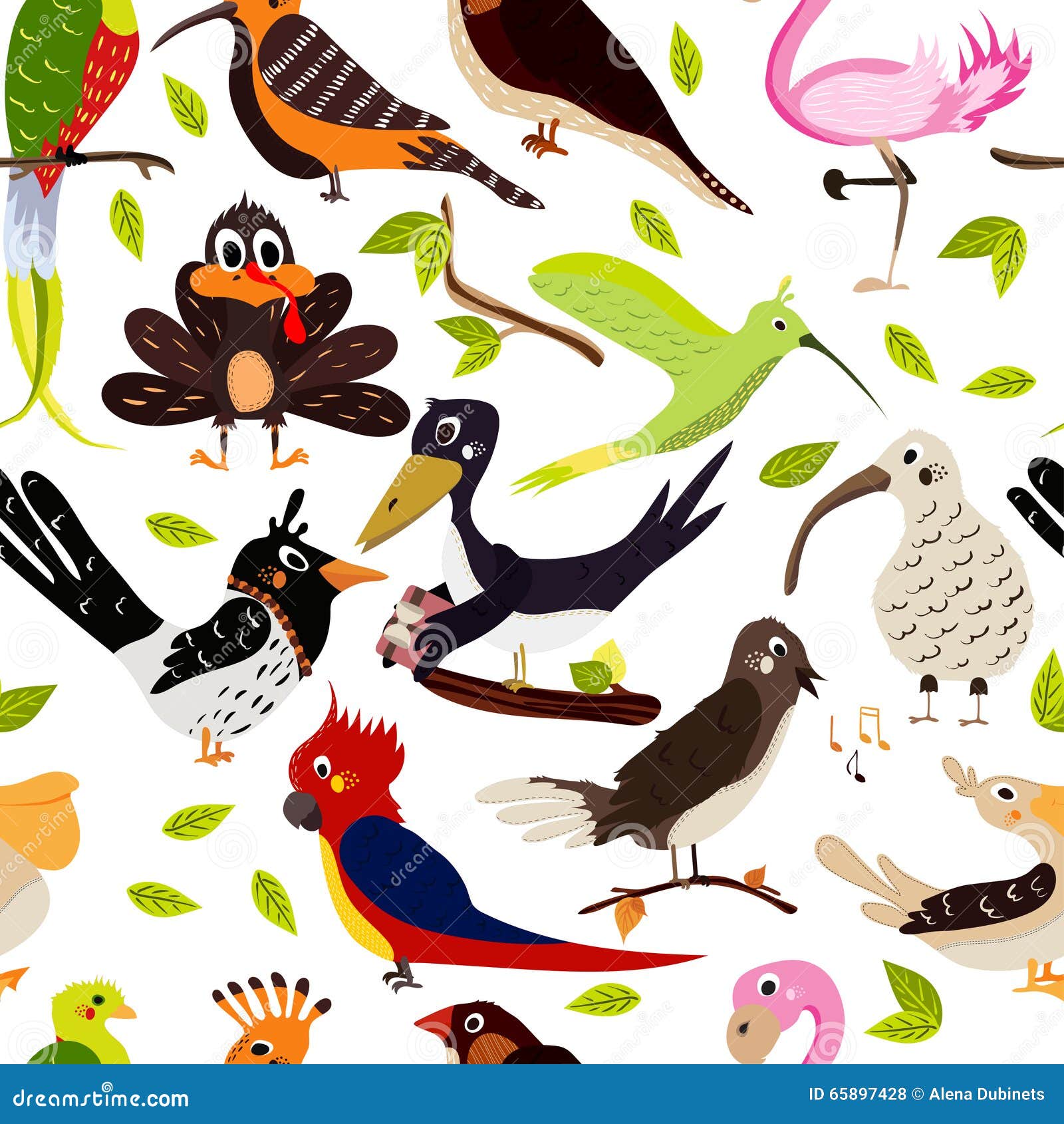 Cute Bird Design Seamless Texture on White Background. Cartoon Style ...
