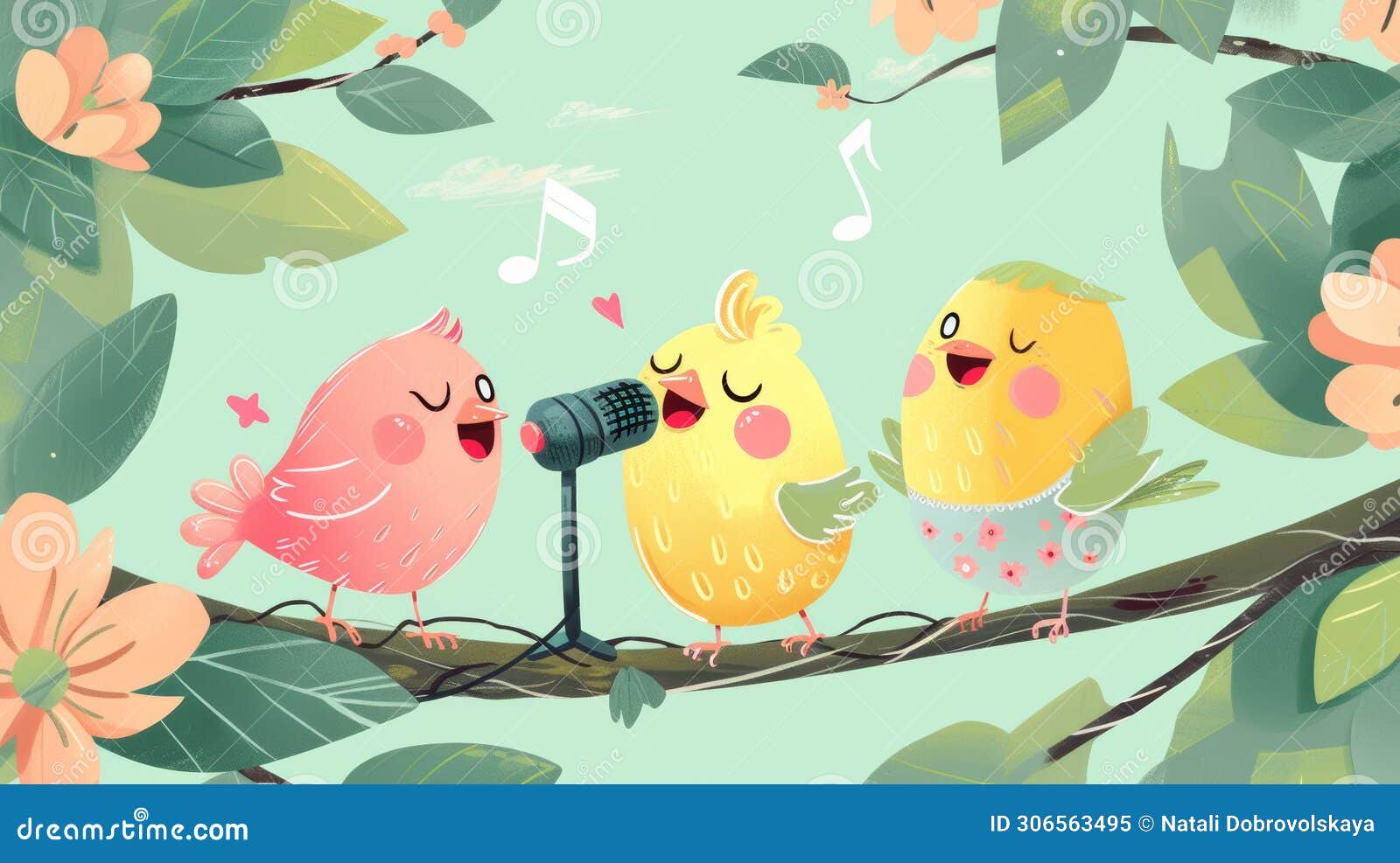 Cute Birds I with Microphone on the Tree Singing Songs.,spring Concept ...