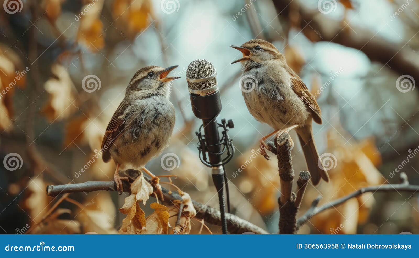 Cute Birds I with Microphone on the Tree Singing Songs.,spring Concept ...