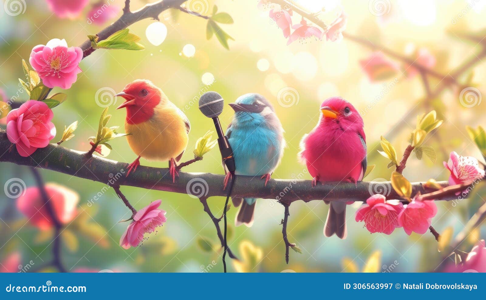 Cute Birds I with Microphone on the Tree Singing Songs.,spring Concept ...