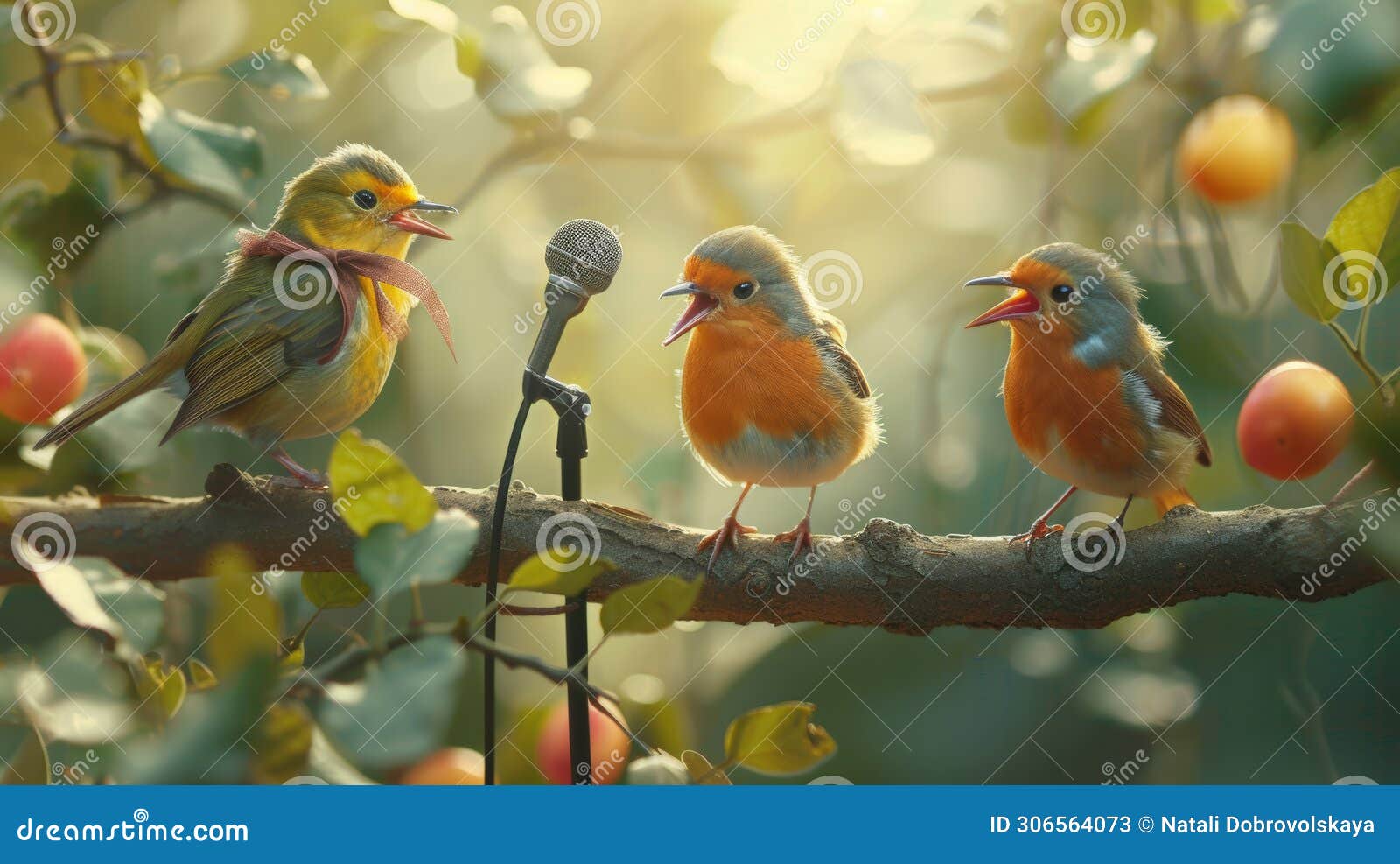 Cute Birds I with Microphone on the Tree Singing Songs.,spring Concept ...