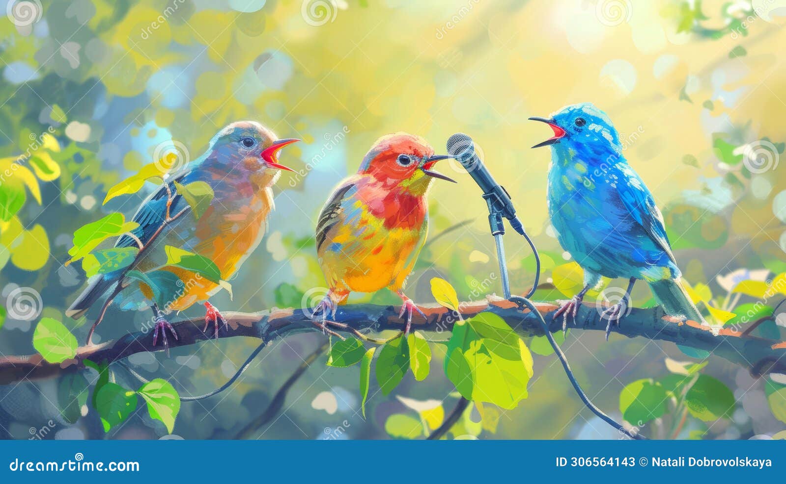 Cute Birds I with Microphone on the Tree Singing Songs.,spring Concept ...