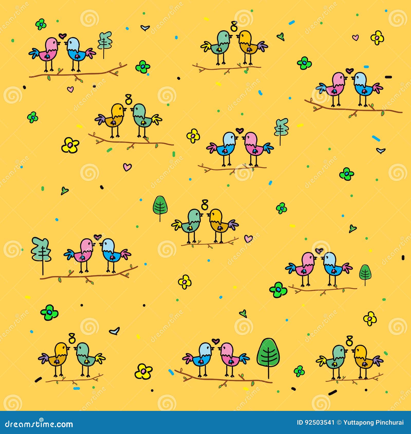 Cute Birds Pattern Background Abstract Textures on Yellow Background ...