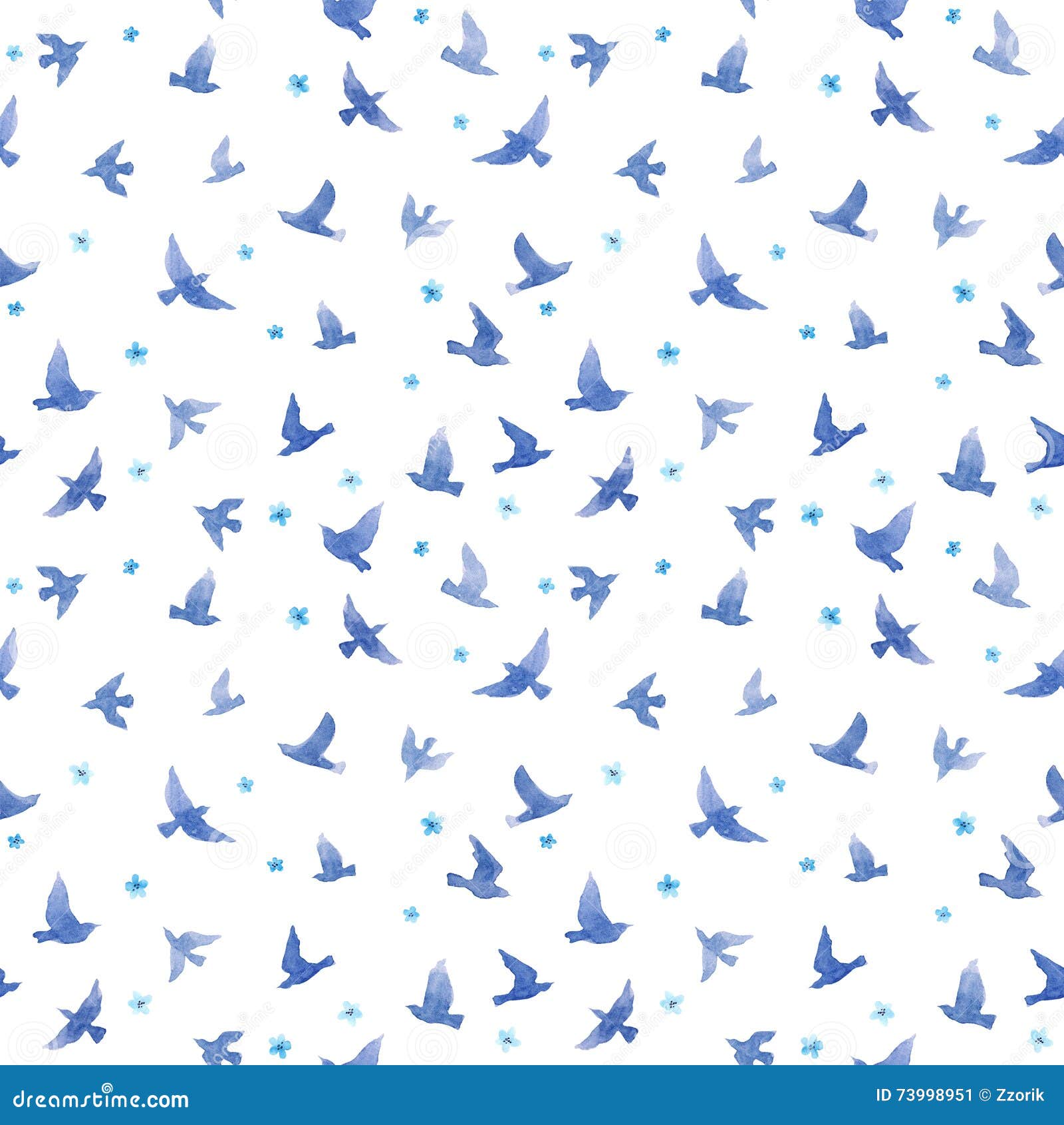 Cute Birds, Small Flowers. Seamless Pattern. Watercolor Stock Image ...