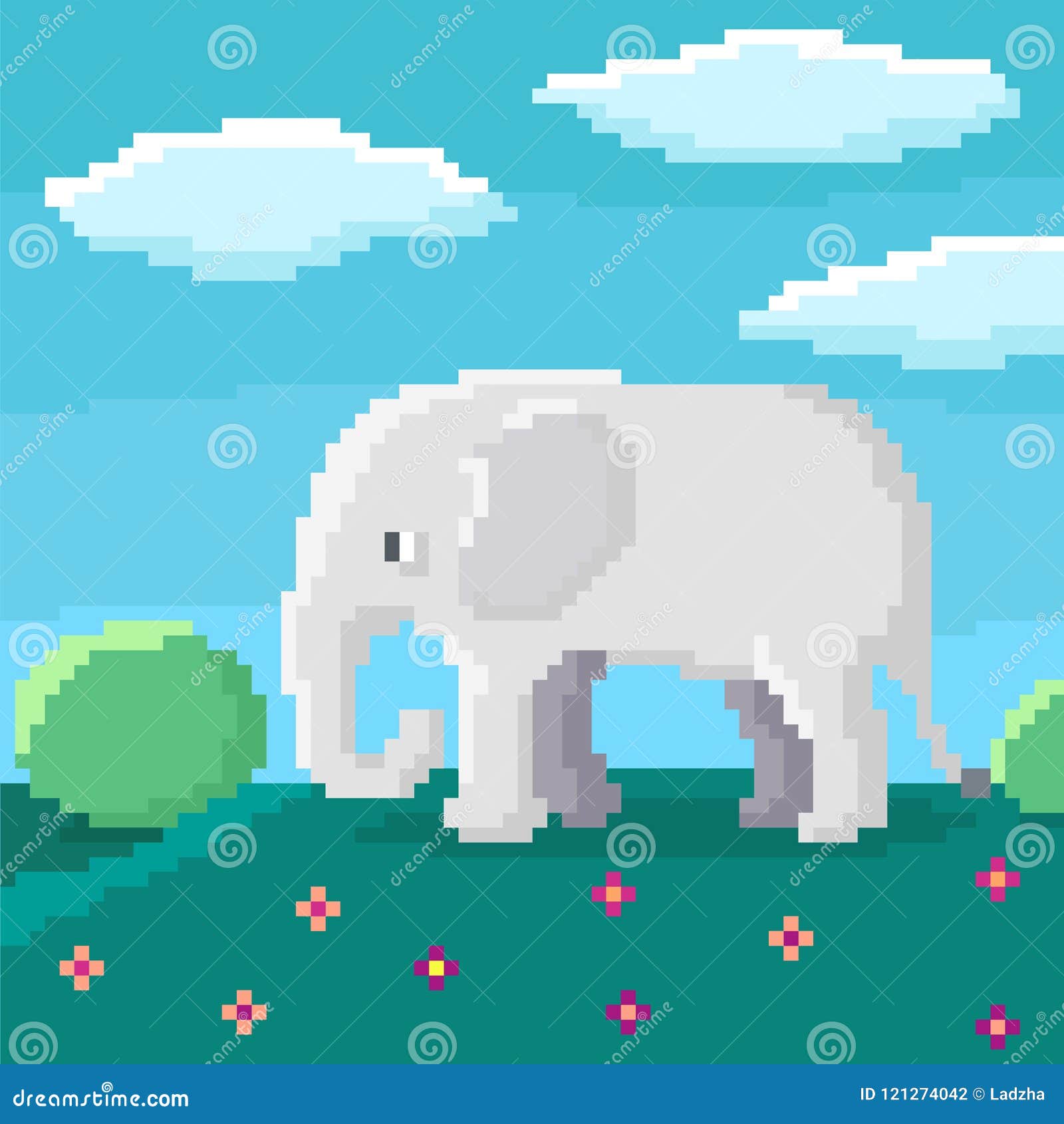 Cute 8-bit Elephant is Walking on a Hill Stock Vector - Illustration of ...