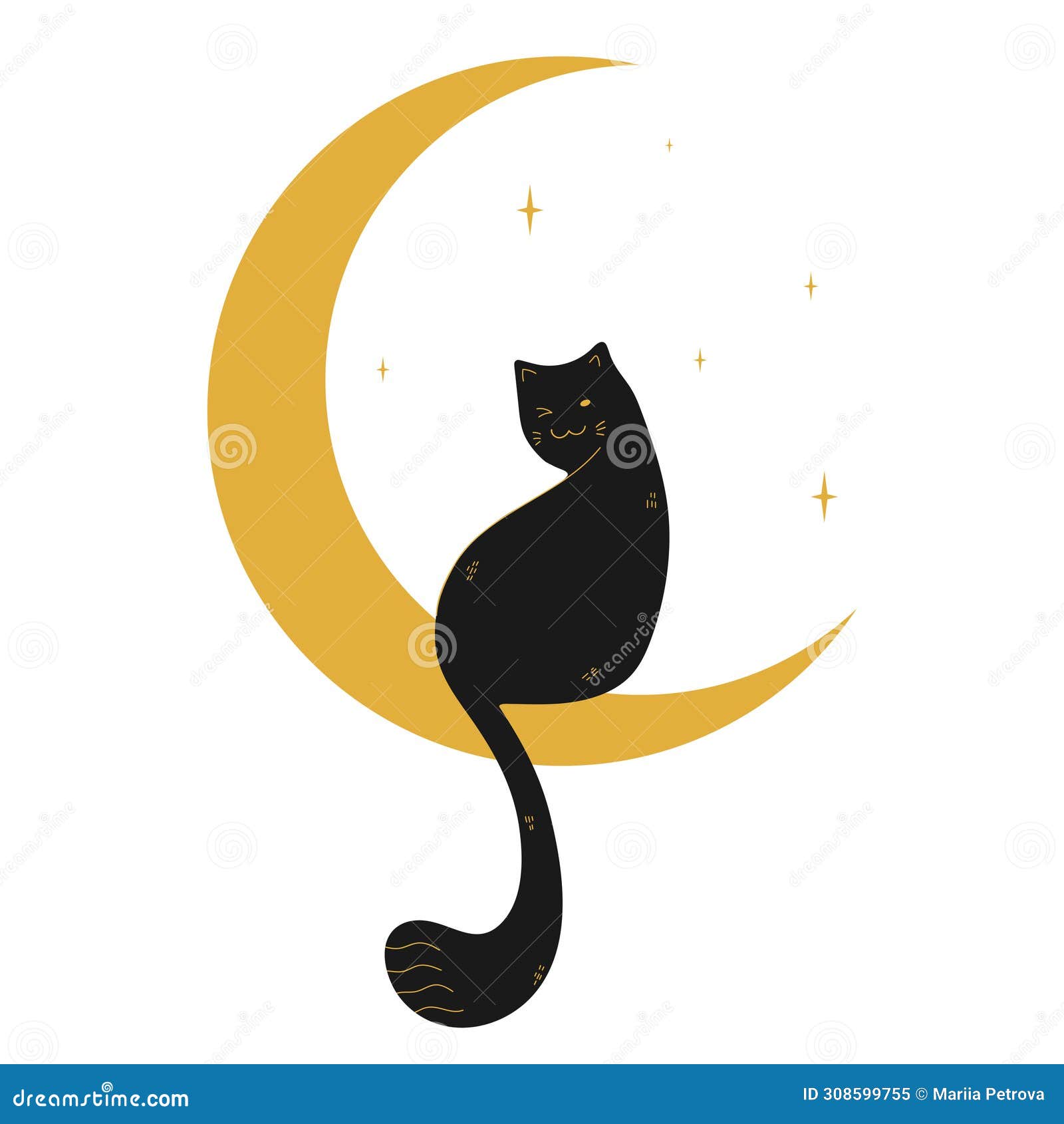 Cute Black Cat Sitting on a Crescent Stock Illustration - Illustration ...