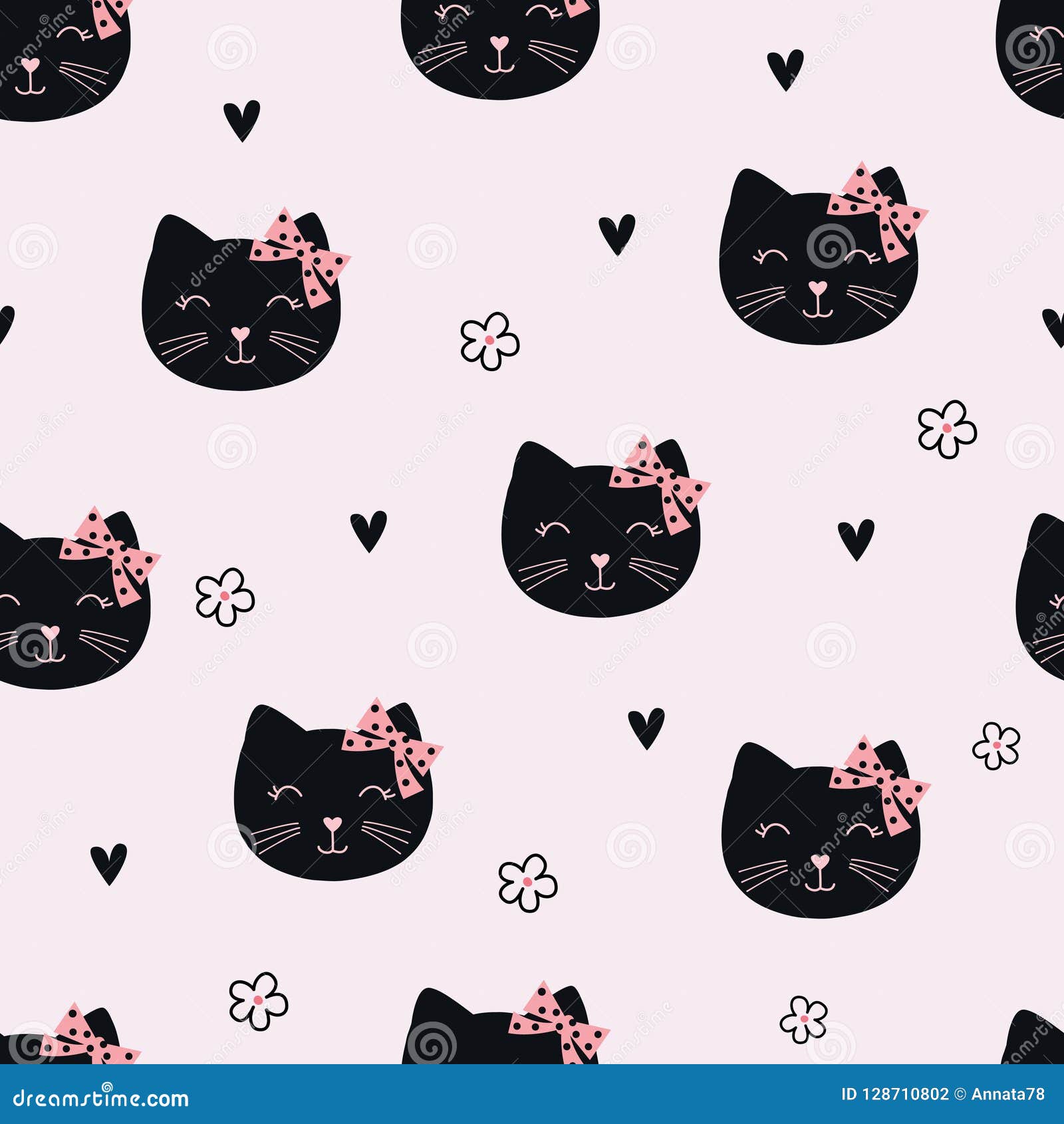 Cute Black Cats Seamless Pattern Stock Vector - Illustration of pink ...