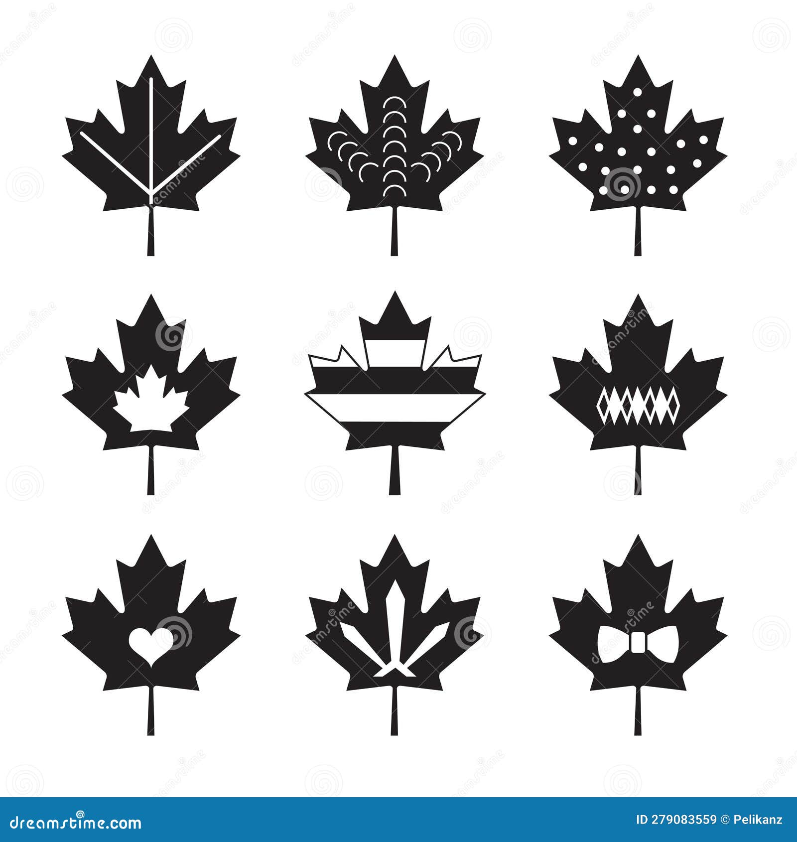 Cute Black Isolated Maple Leaf Icons Set with Different Patterns Design ...