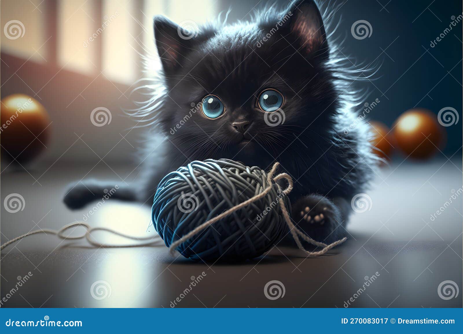 Cute Black Kitten Plays with a Ball of String Created with Generative ...