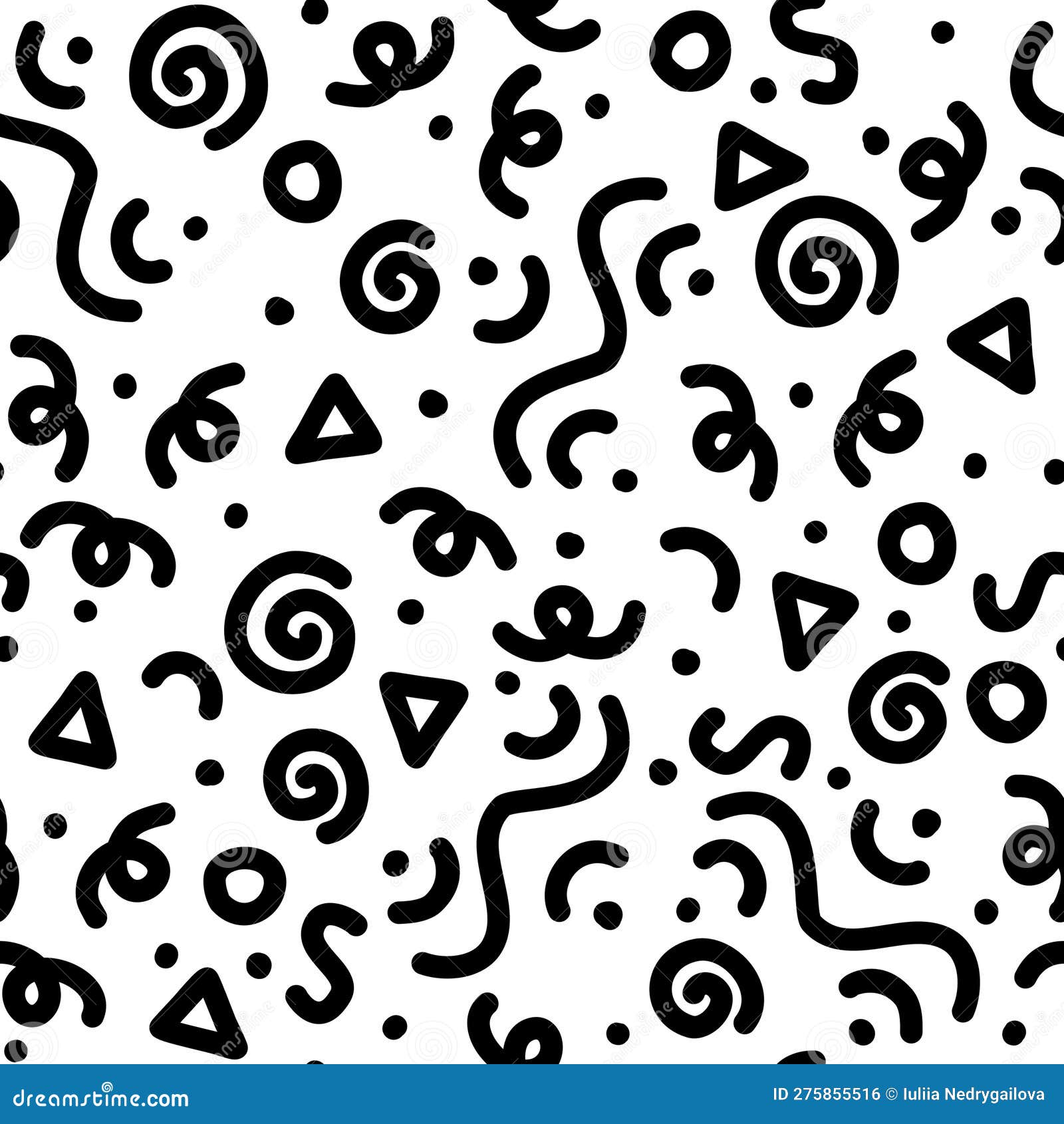 Cute Black Line Squiggle Doodle Seamless Pattern in Memphis Style ...