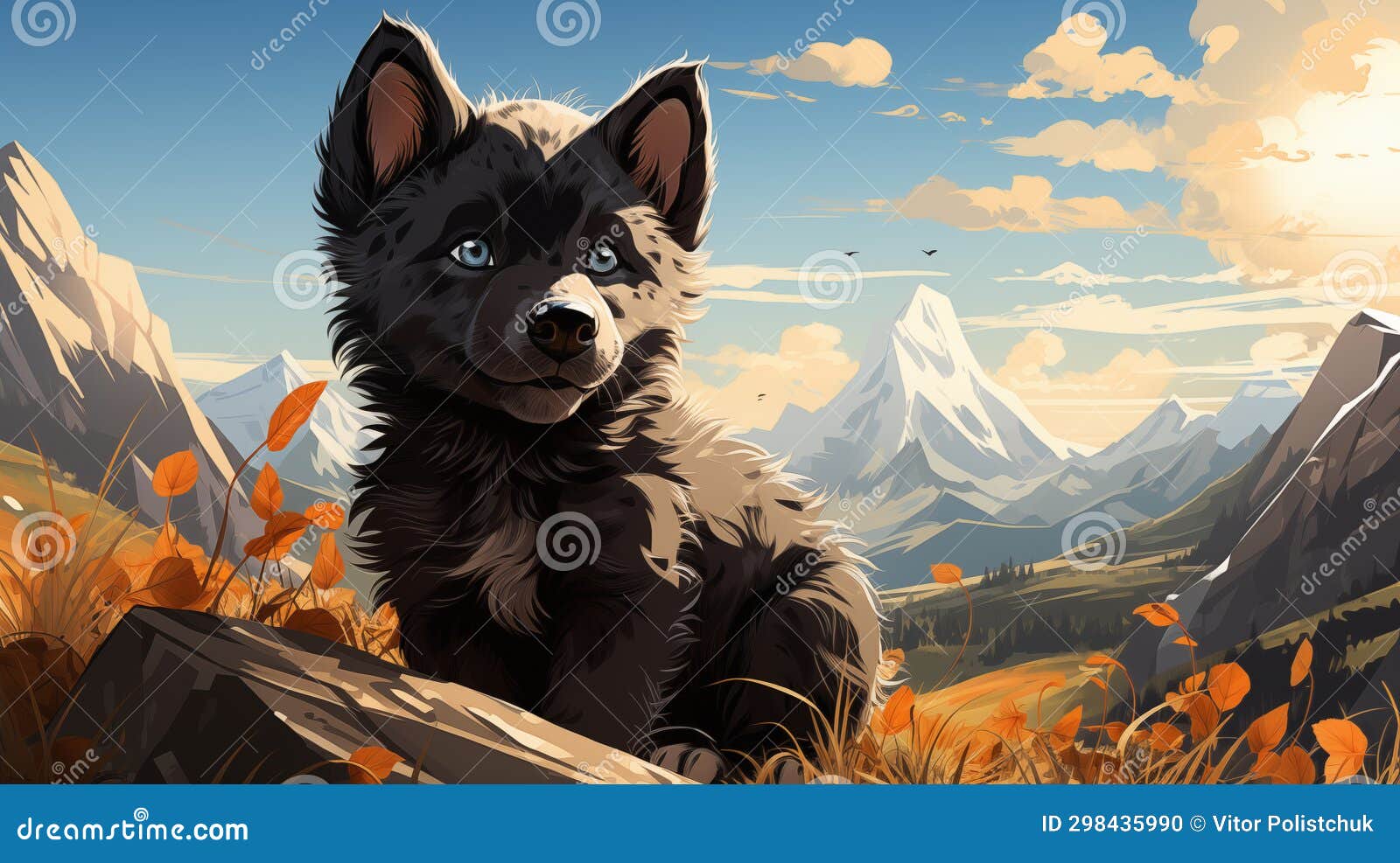Cute Black Wolf Cub in the Mountains - Children S Illustration 2 Stock ...