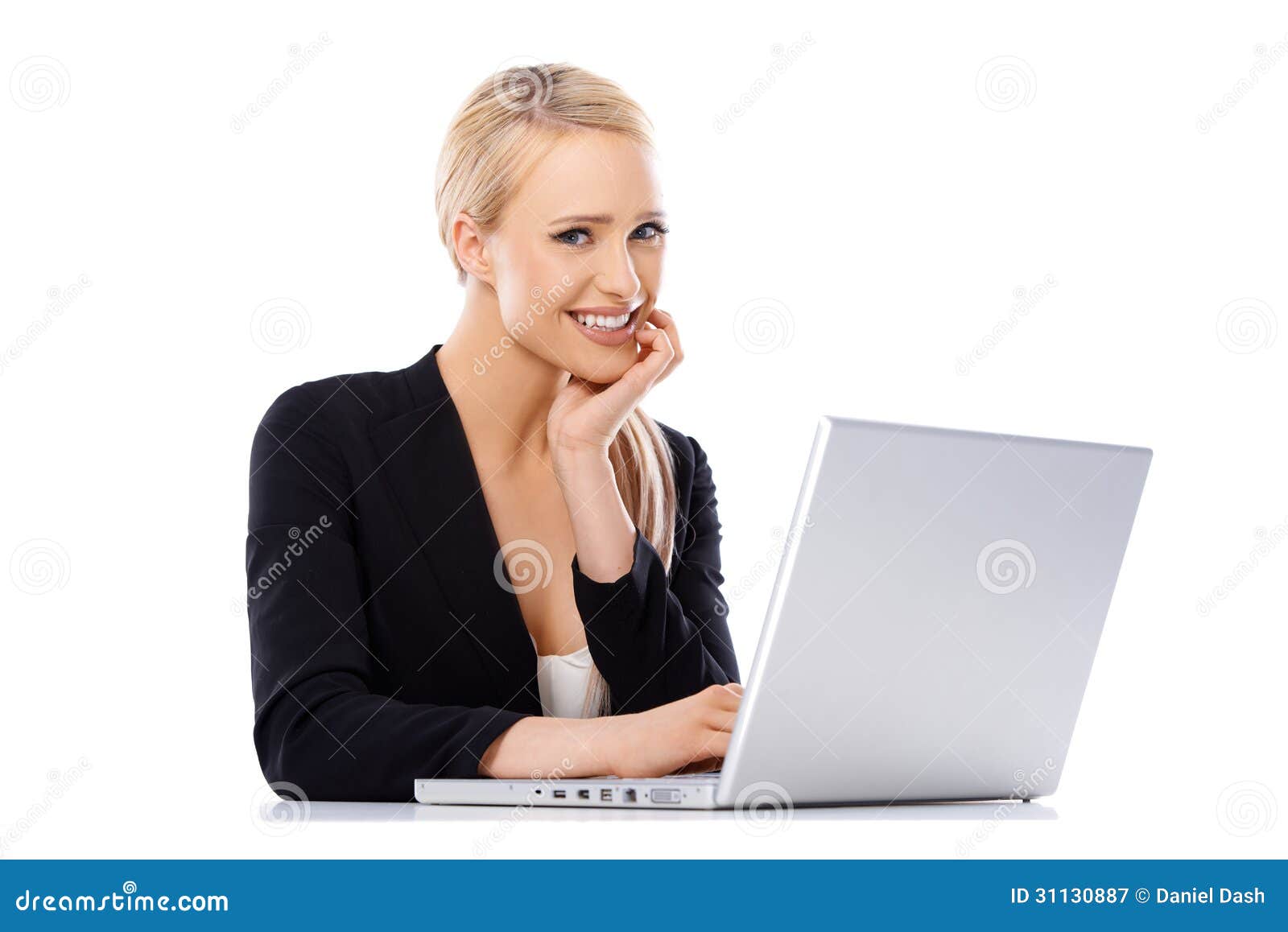 Cute Blond Business Woman Working on Laptop Stock Image - Image of ...