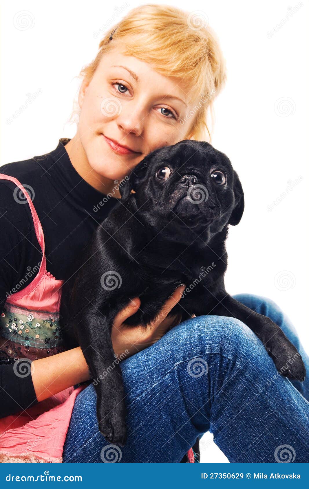 Cute blonde hugging a pug stock image. Image of black - 27350629