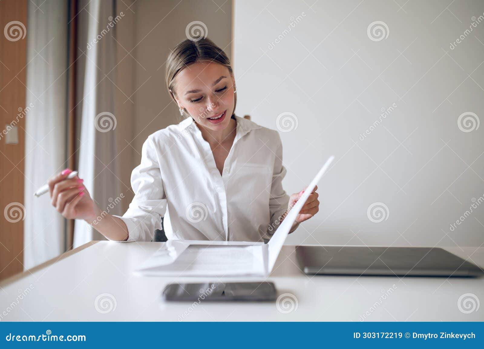 Cute Blonde Young Wo,an Working with Documents Stock Image - Image of ...